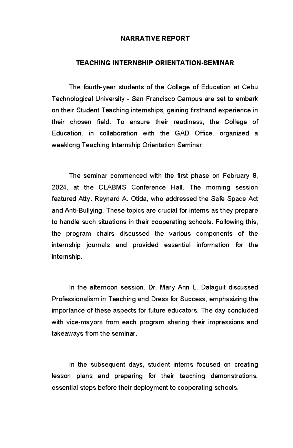 CEBU TECH UNIVERSITY ED 101: Narrative Report on Pre-Service Teaching Seminar - Studocu