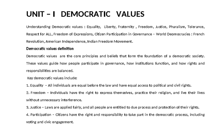 UNIT I DEMOCRATIC VALUES: Understanding Core Principles and Human ...