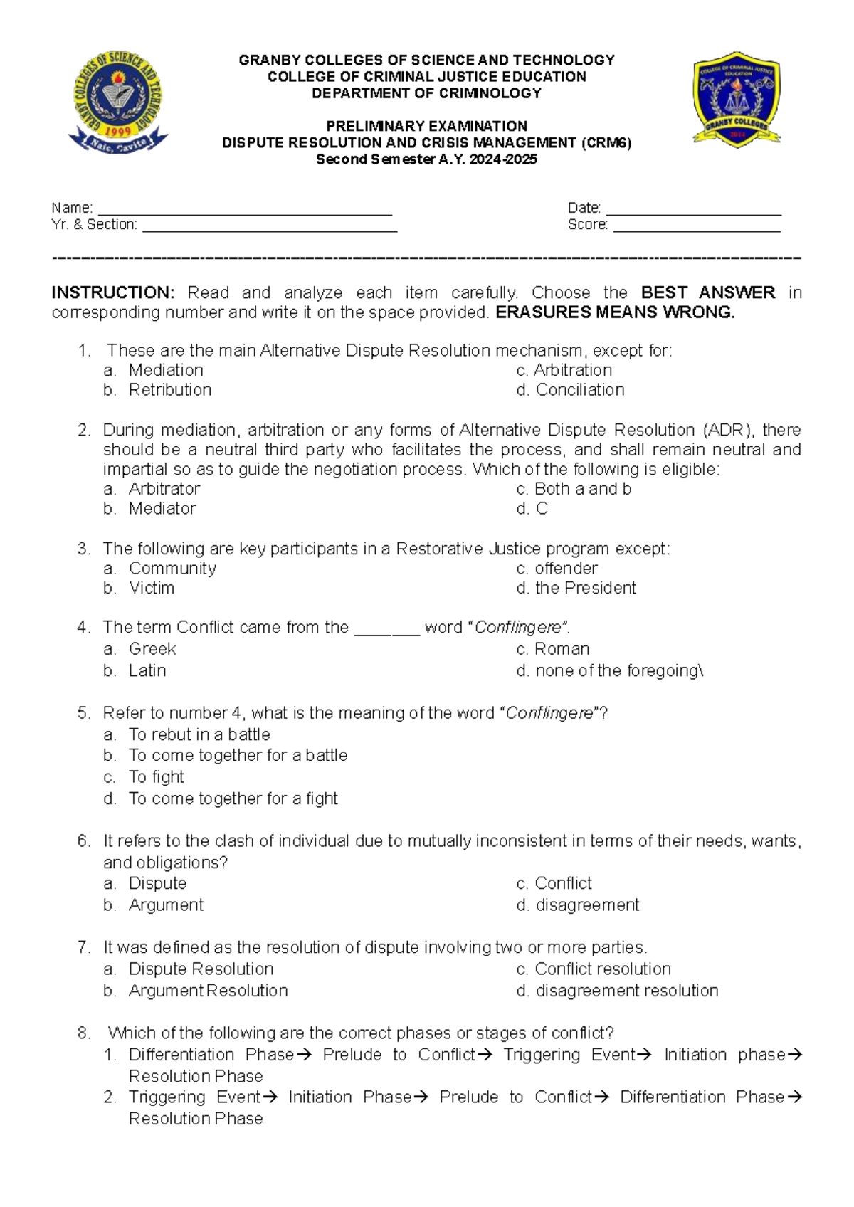 Preliminary Exam on Dispute Resolution and Crisis Management (CRM6 ...