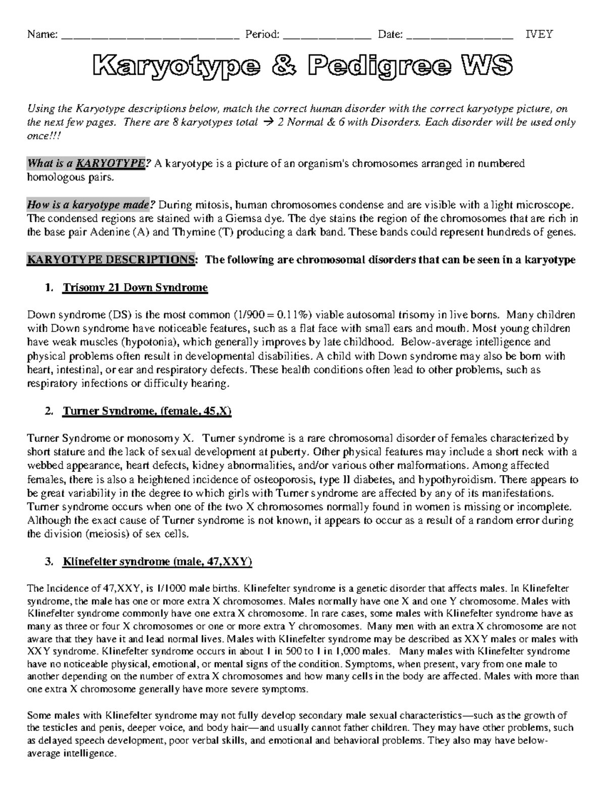 Karyotype Practice Worksheet (WS) for Chromosomal Disorders - Studocu