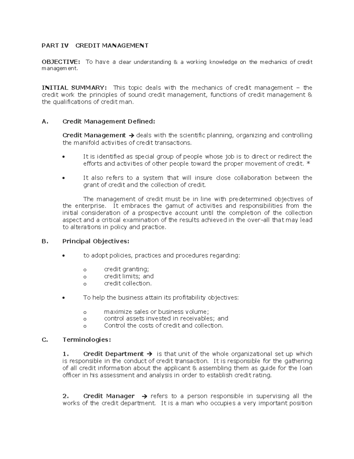 PART IV Credit Management - PART IV CREDIT MANAGEMENT OBJECTIVE: To ...