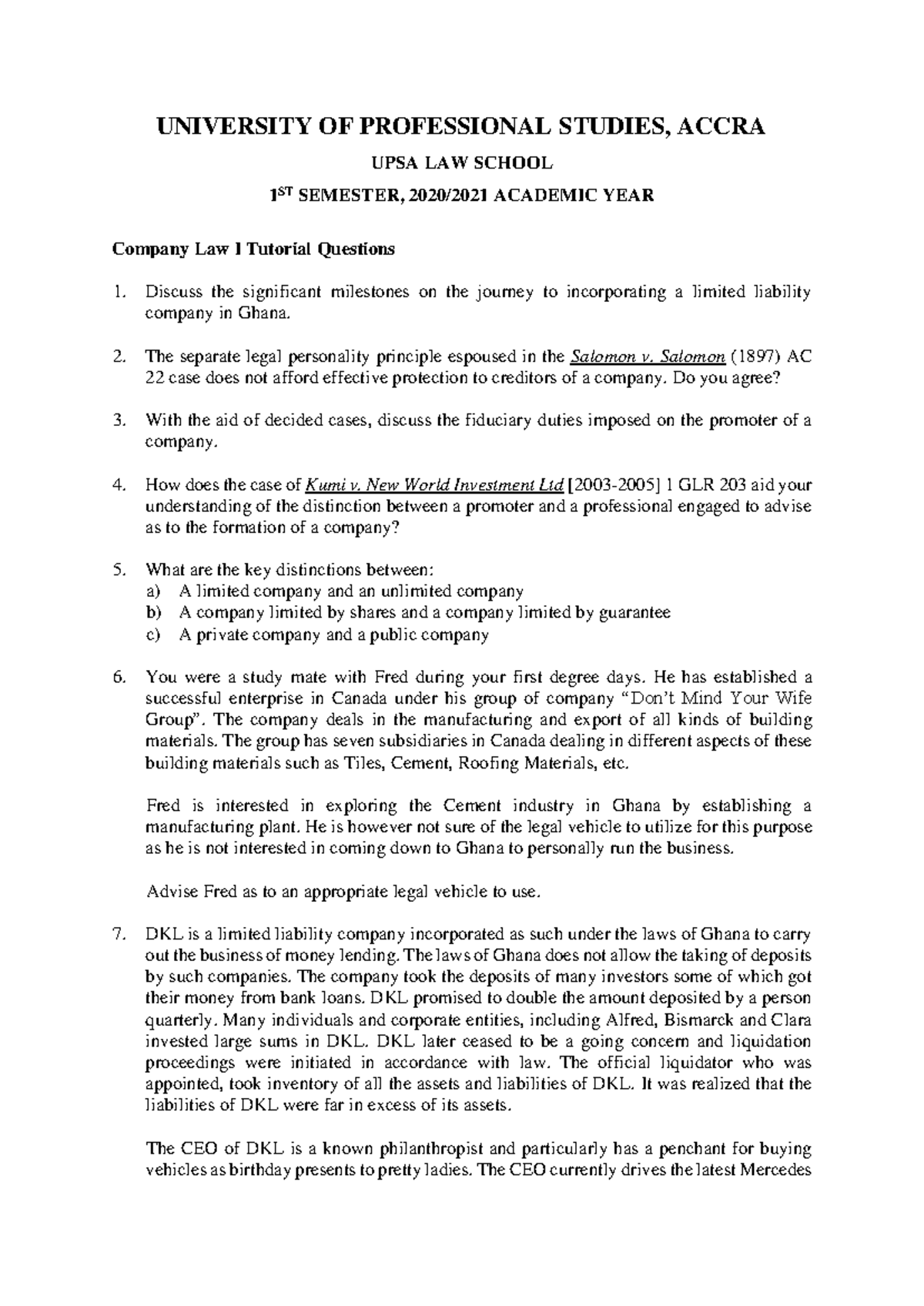 UPSA LAW SCHOOL: Company Law I Tutorial Questions (1st Sem 2020-2021 ...