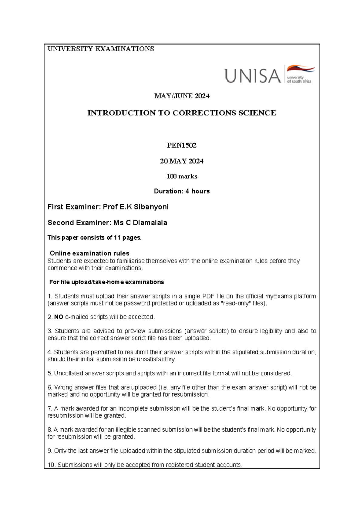EQP PEN1502 Final Exam Guidelines and Instructions - May/June 2024 ...