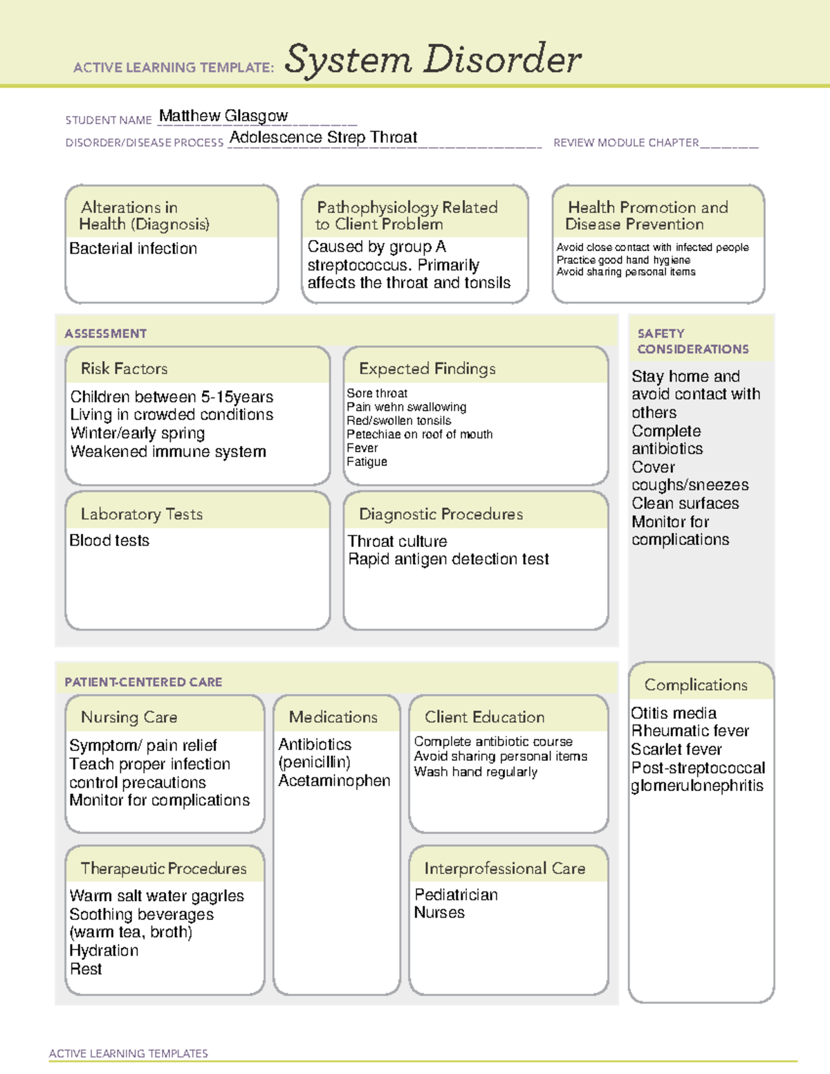 System disorder-strep throat - ACTIVE LEARNING TEMPLATES System ...