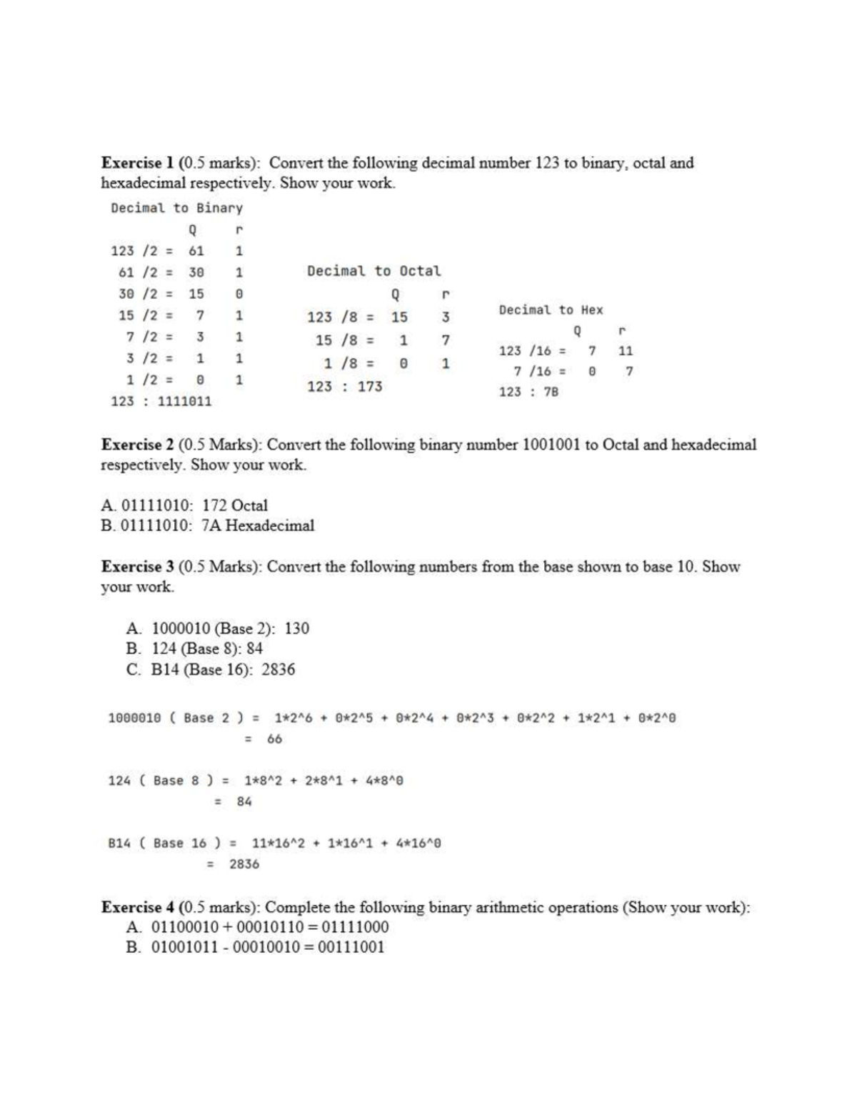 Lec 1 Homework Solutions: Decimal, Binary, Octal & Hex Conversions ...