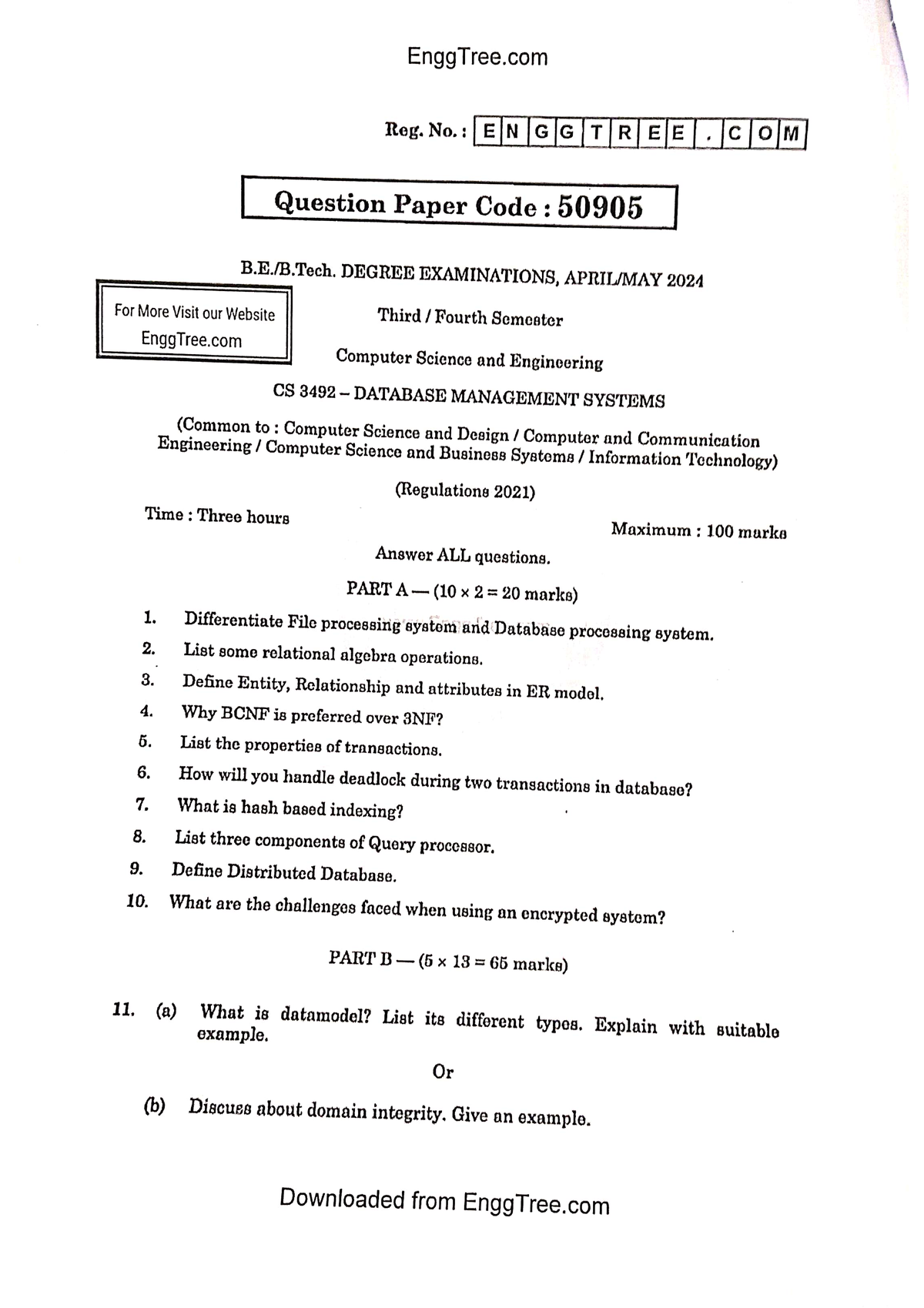 CS3492 - Database Management Systems Question Paper for Degree Exams ...