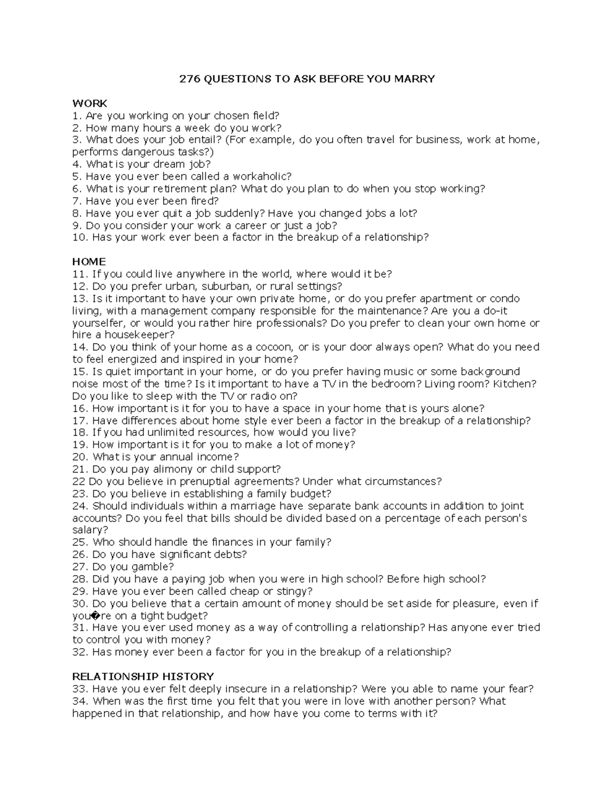 276 Questions to Ask Before You Marry: A Comprehensive Guide - Studocu