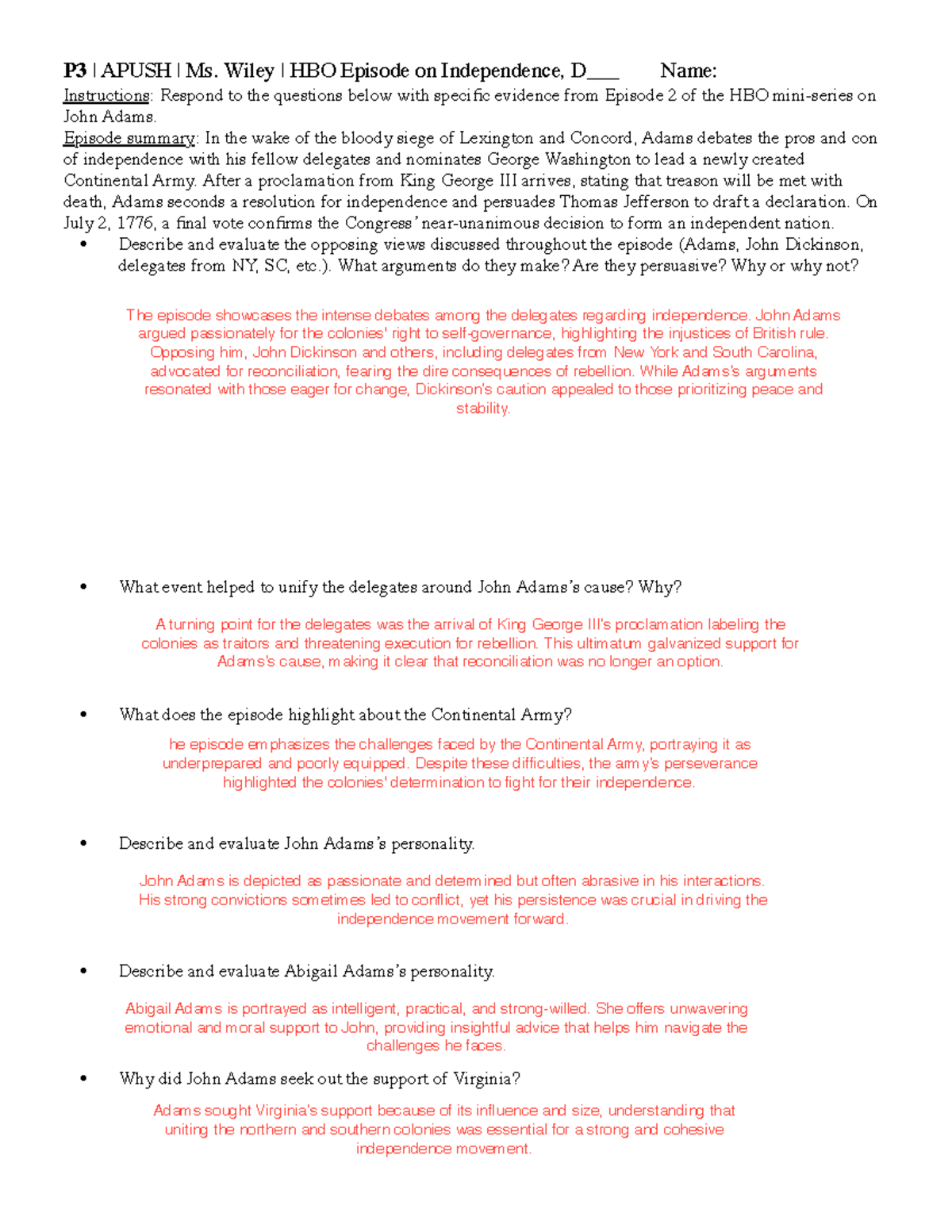 Adams HBO Series Episode 2: Questions on Independence & Debate - Studocu