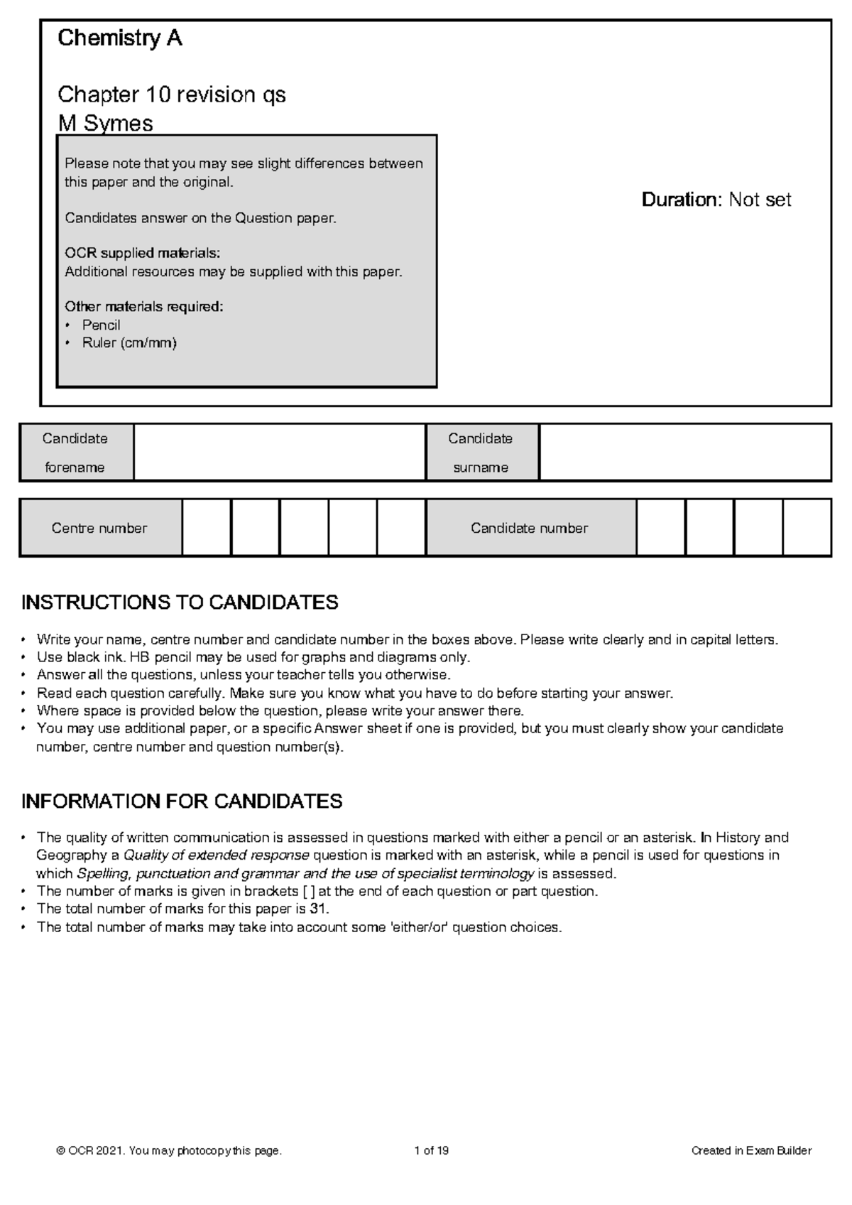 Chemistry A: Chapter 10 Revision Questions (Module 3) - Studocu