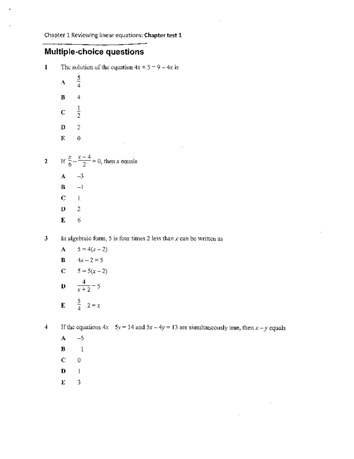 Methods 1 & 2 CHAP 1 Reviewing Linear Equations: Test 1 Questions - Studocu