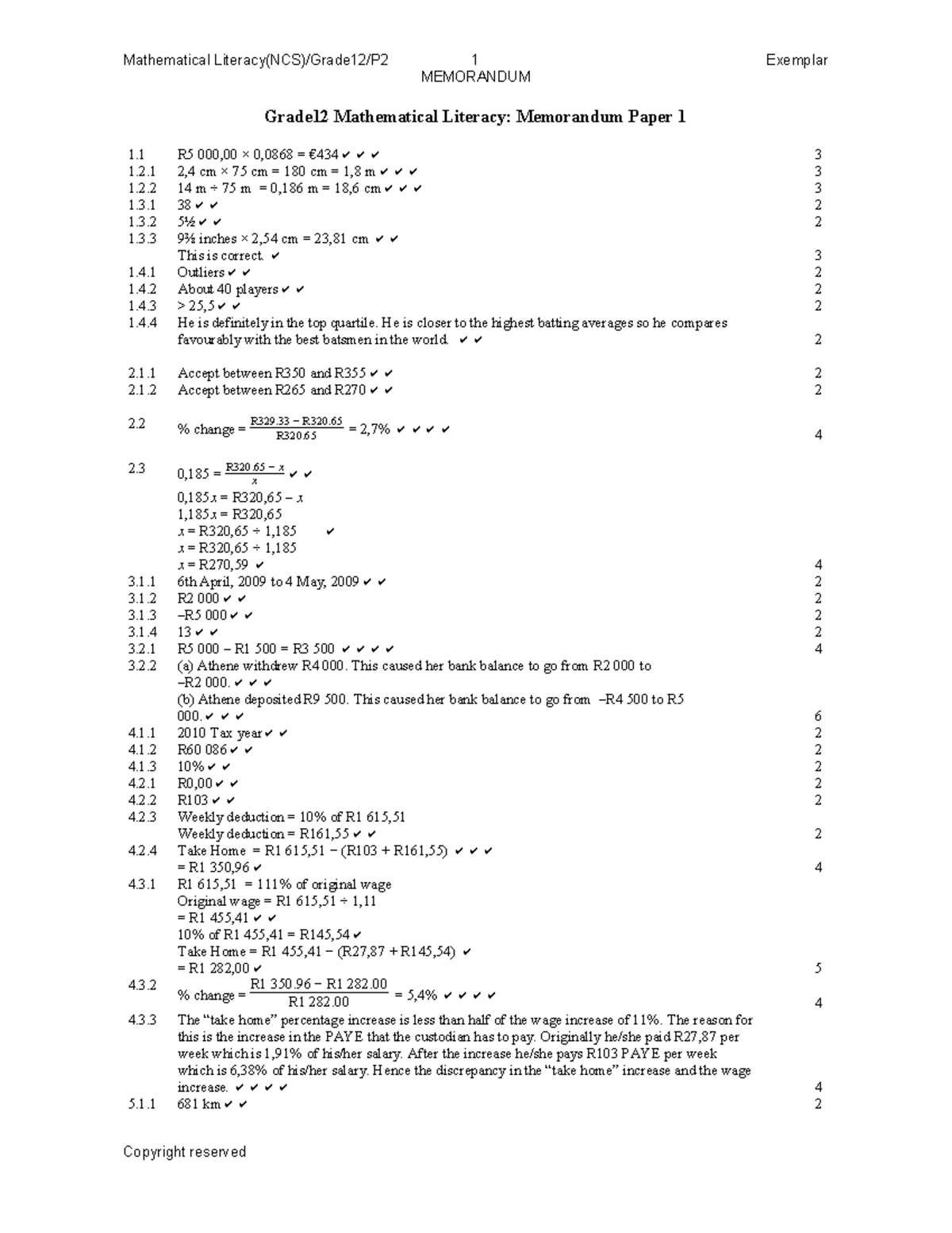 Mathematical Literacy Grade 12: Paper 1 Memorandum Exemplar - Studocu