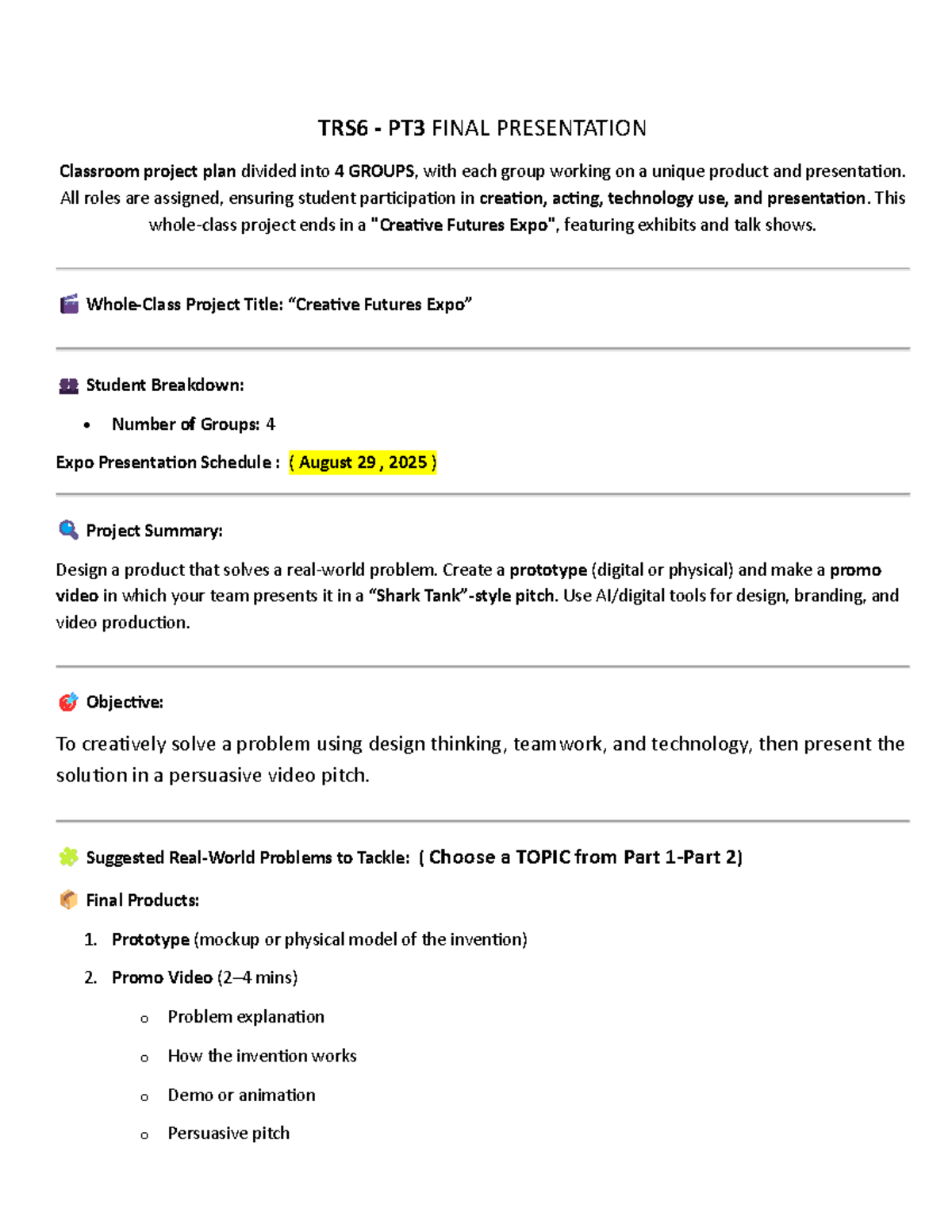 TRS6 PT3 FINAL PRESENTATION: Classroom Project Plan Overview - Studocu