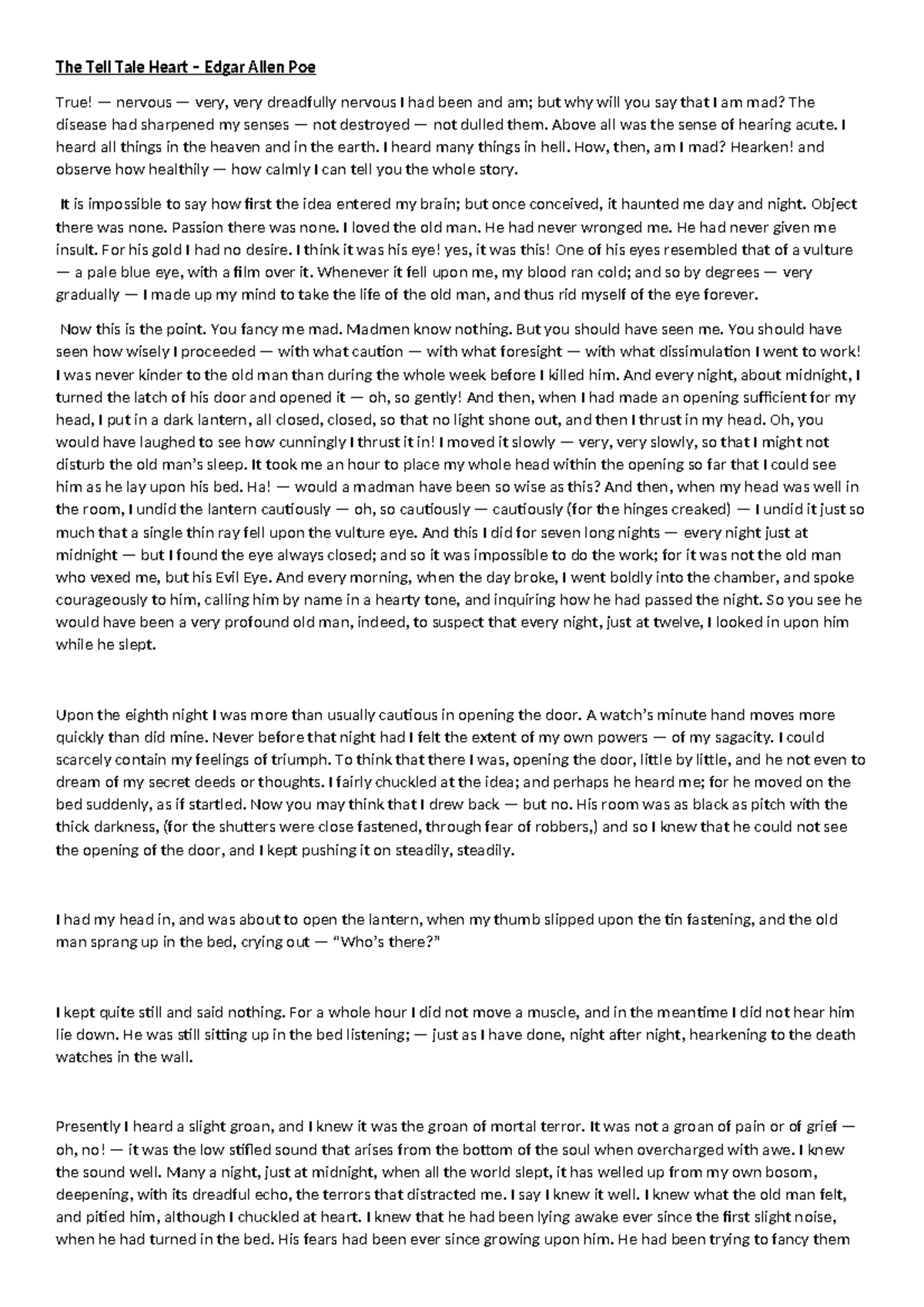 Edgar Allan Poe's "The Tell-Tale Heart" – Analysis & Themes - Studocu