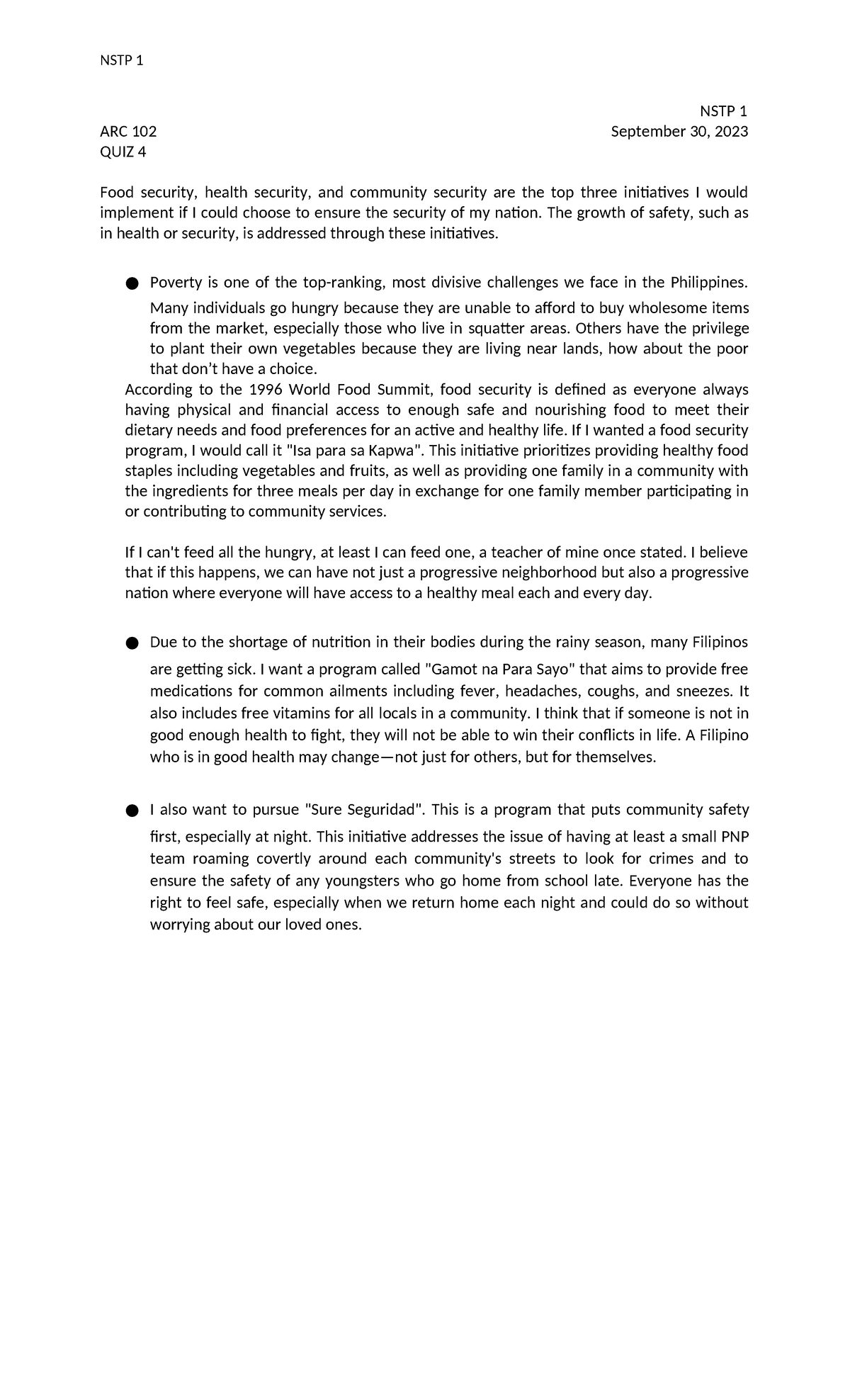 NSTP 1 ARC 102 QUIZ 4: Food, Health, and Community Security Initiatives ...