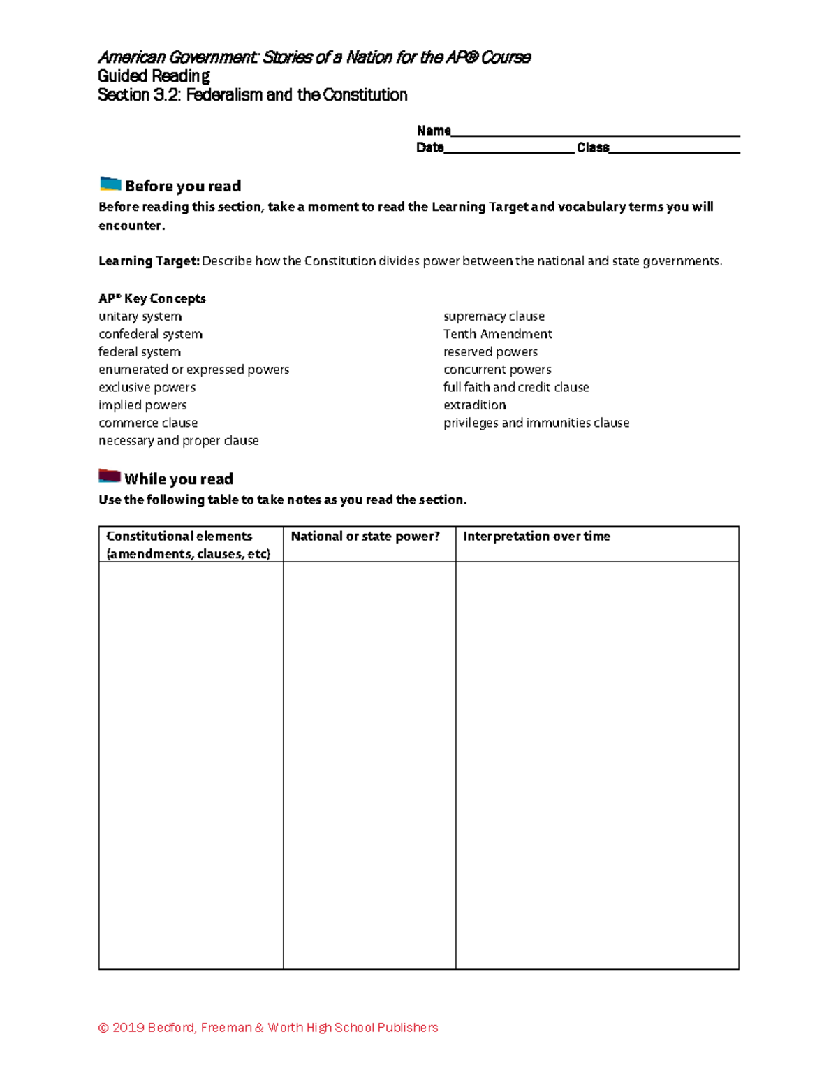 AP® US History Guided Reading: Federalism and the Constitution Section ...
