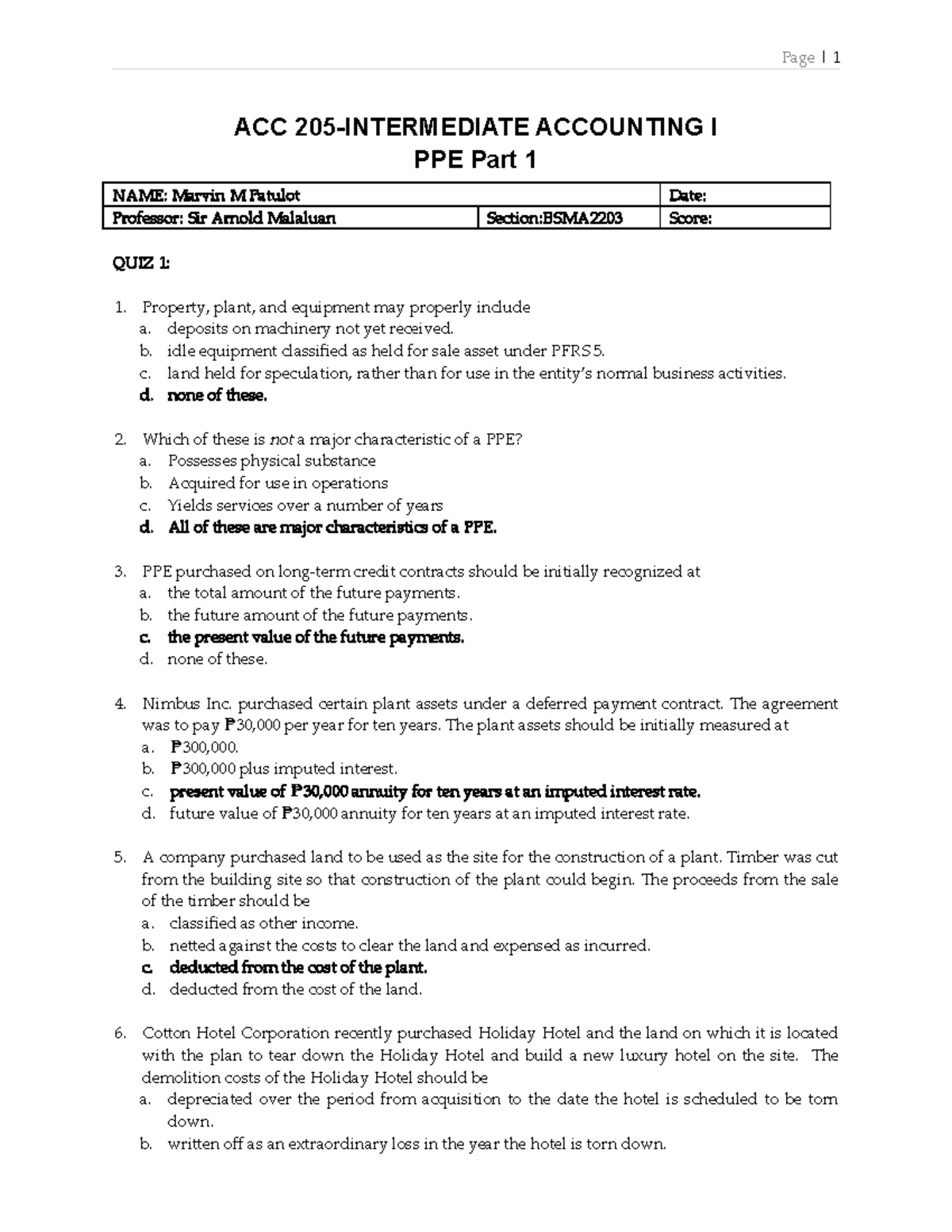 Chapter Quiz: PPE & Related Accounting Principles (ACC 205) - Studocu