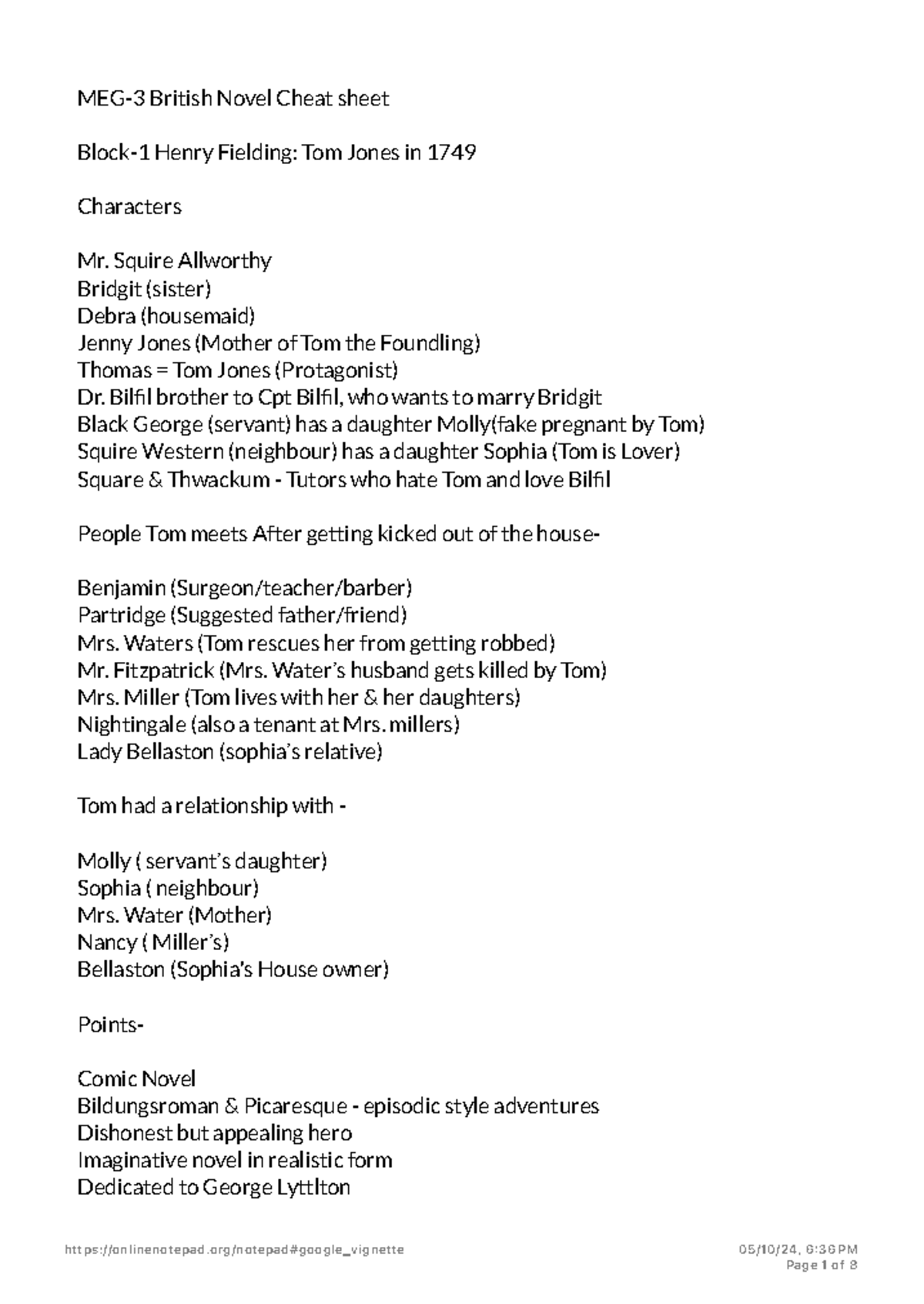 MEG-3 British Novel Cheat Sheet: Key Themes & Character Insights - Studocu
