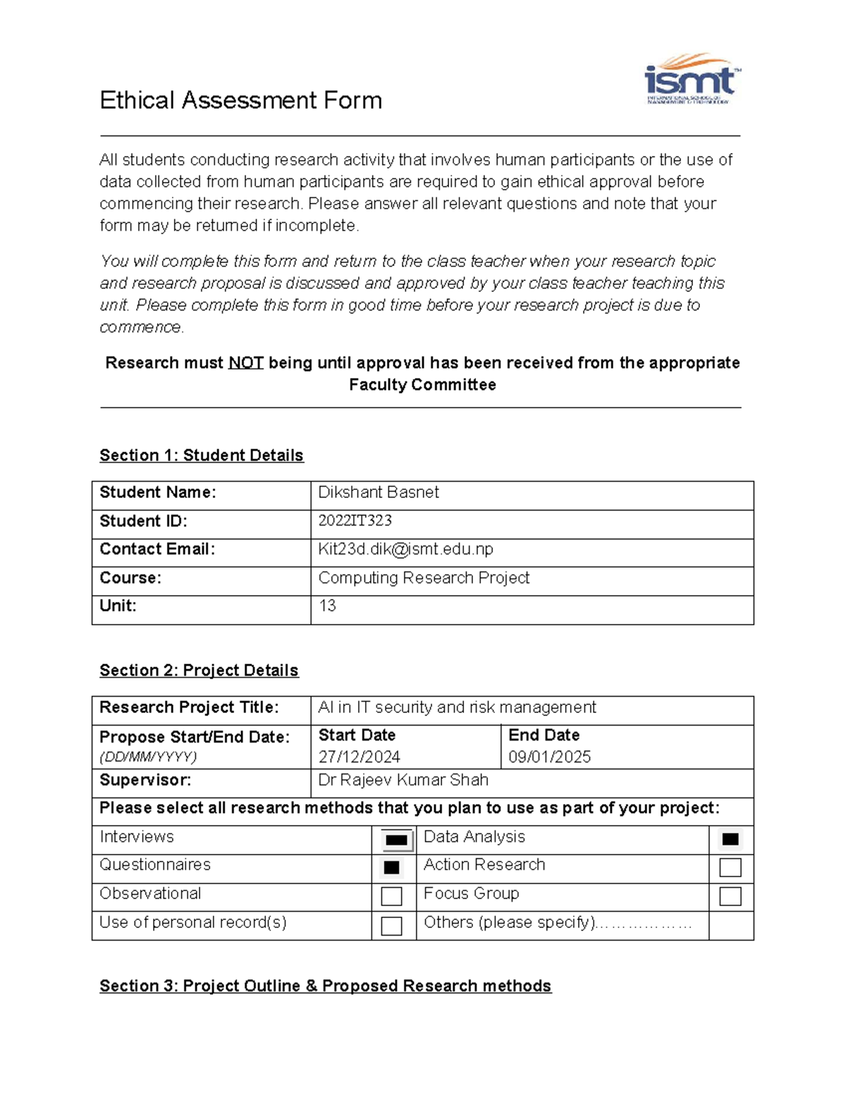 Research Ethical Assessment Form - Unit 13: Computing Project - Studocu