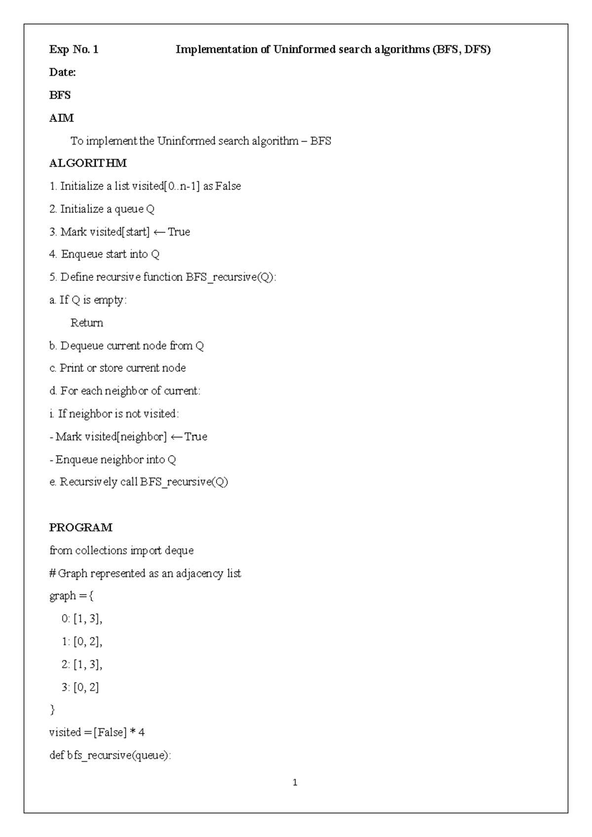Exp No. 1: Implementation of Uninformed Search Algorithms (BFS, DFS) - Studocu