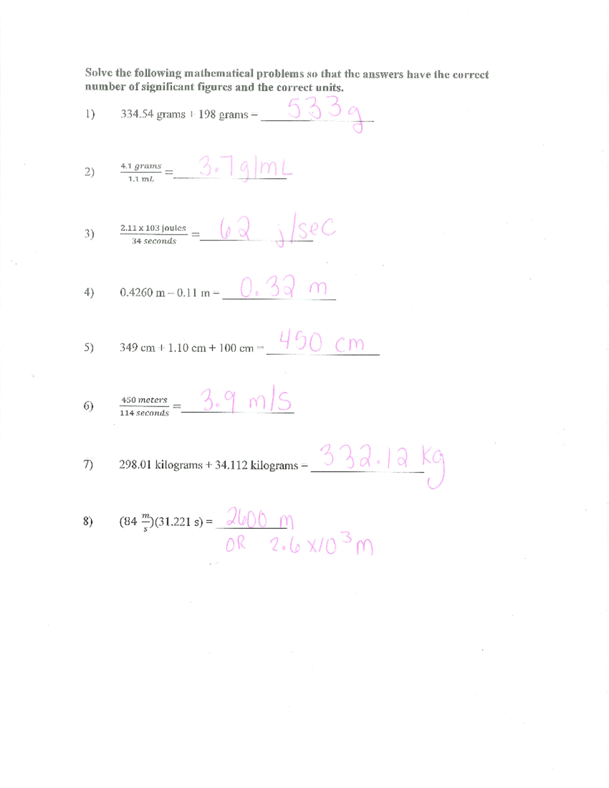 Sig Fig HW-KEY - Sig Fig homework assignment - Solve the following ...
