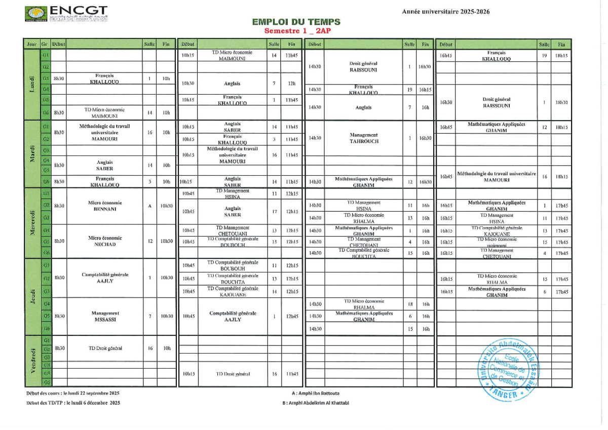 Emploi du Temps S1 2AP 2025-2026 - ENCGT TANGER - Studocu