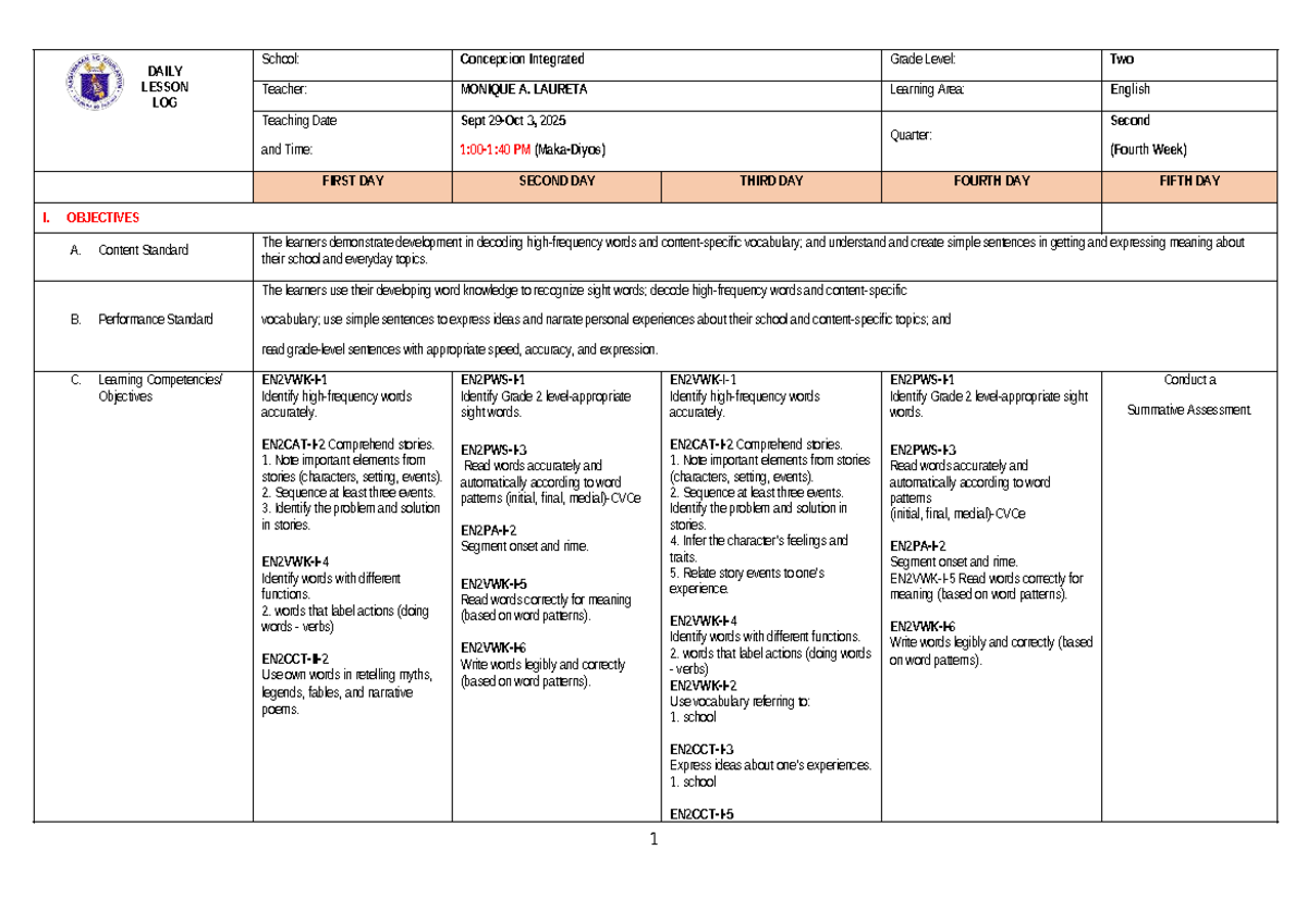 DAILY LESSON LOG: English Grade 2 - Week 4 Activities - Studocu