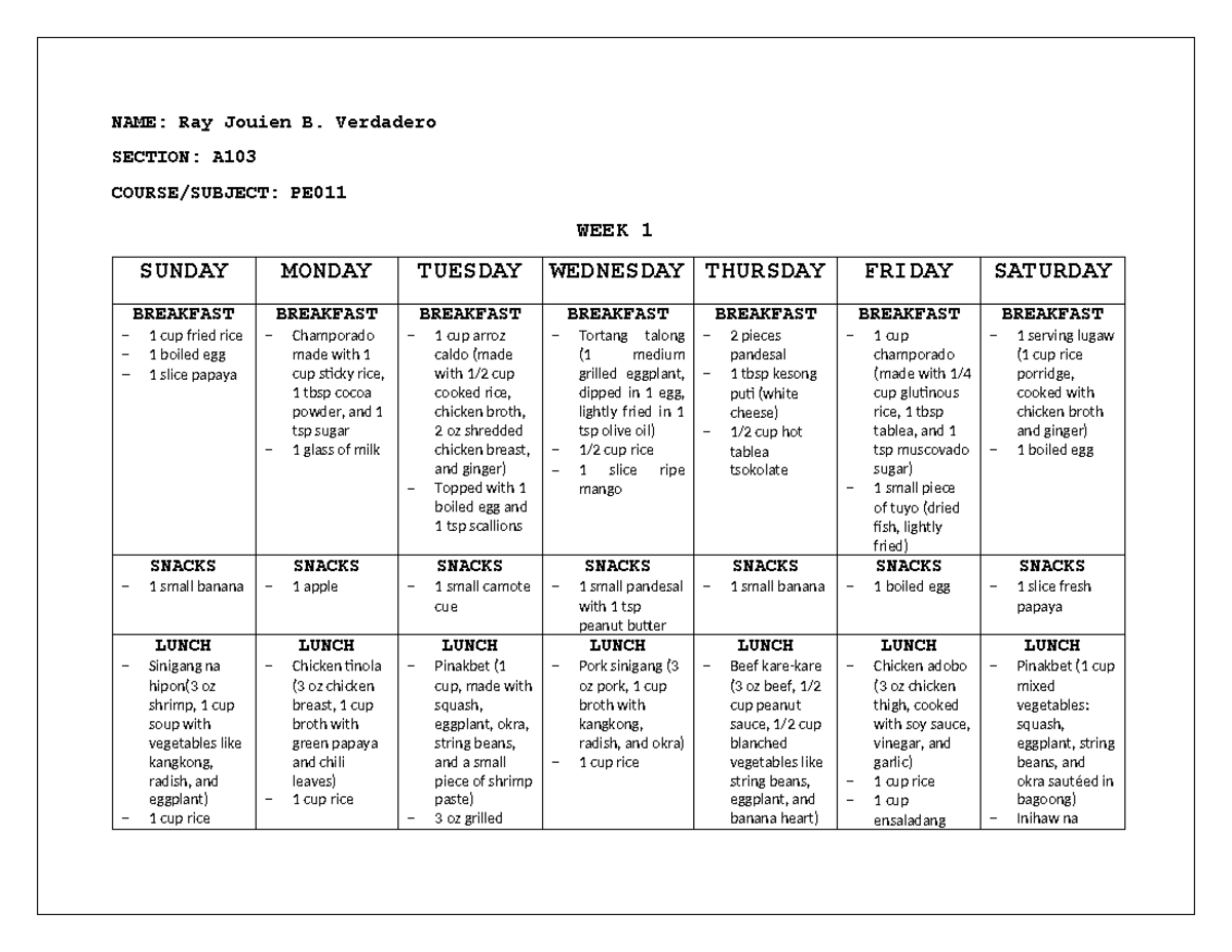 Healthy Meal Plan for PE011: Weekly Nutrition Guide - Studocu