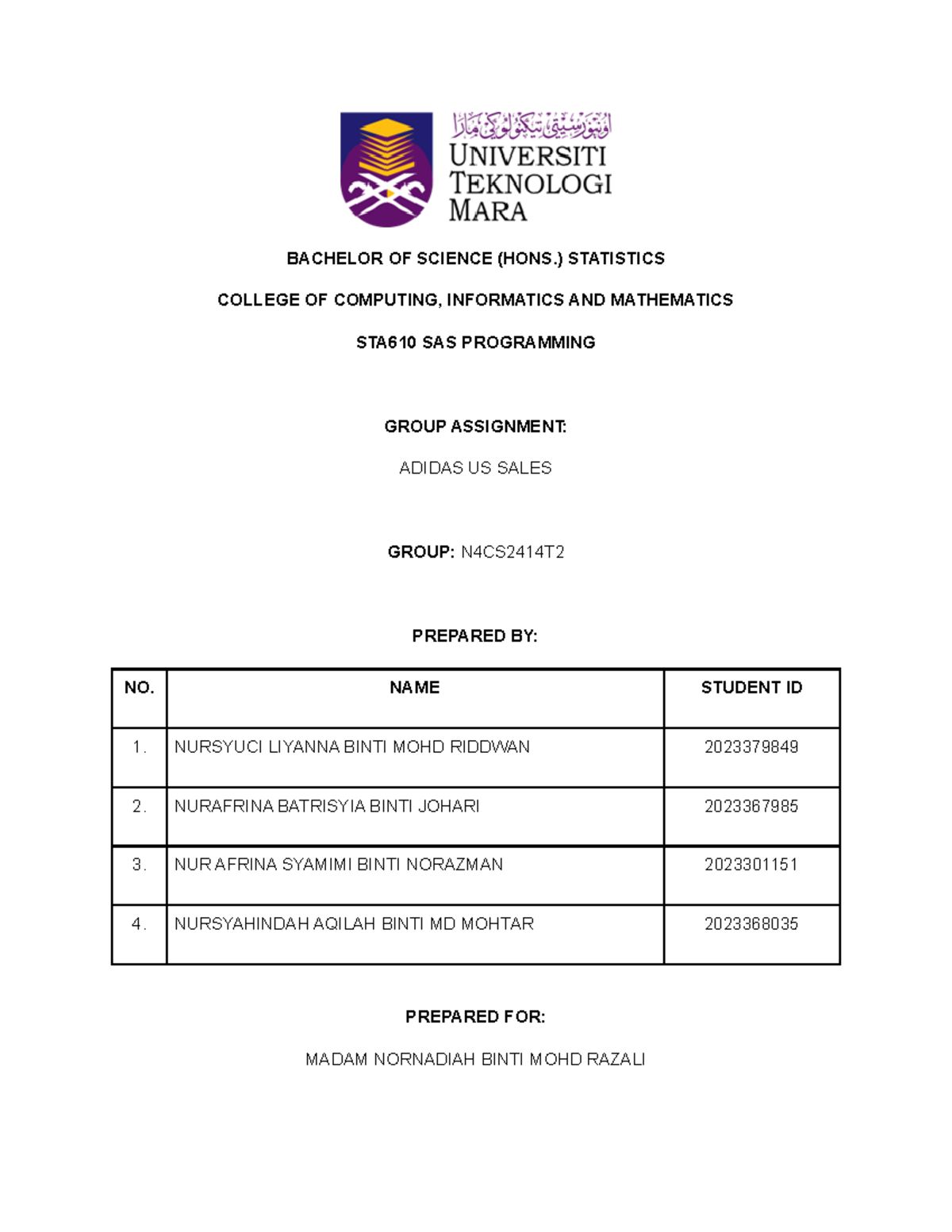 STA610 Group Assignment: Analyzing Adidas US Sales with SAS - Studocu