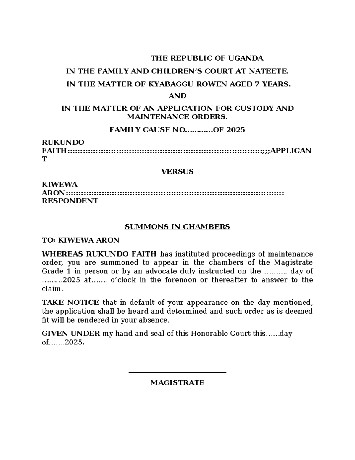 Application for Maintenance Order: Rukundo v. Kiwewa (Family Cause 2025 ...