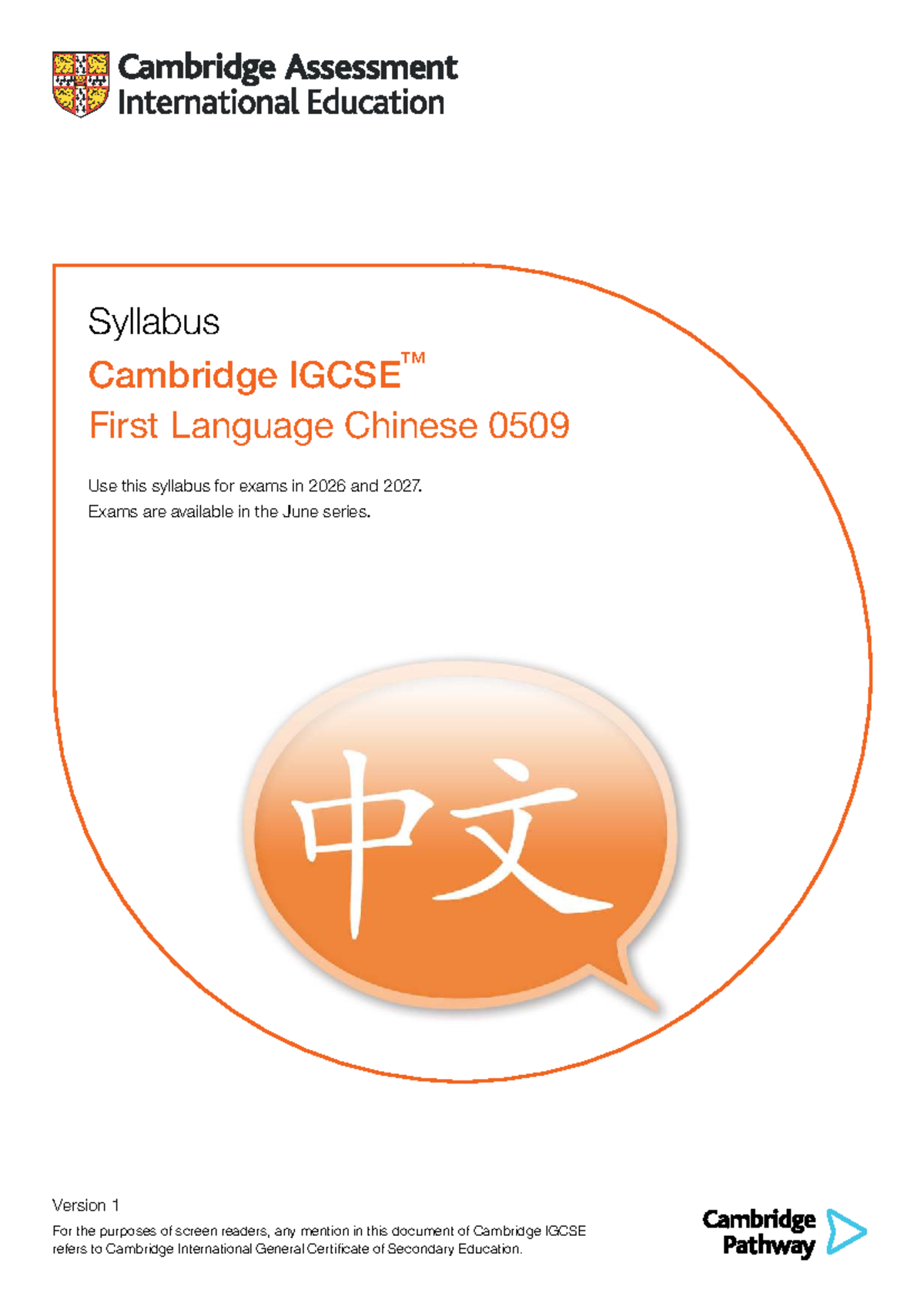 Cambridge IGCSE First Language Chinese 0509 Syllabus for 2026-2027 ...