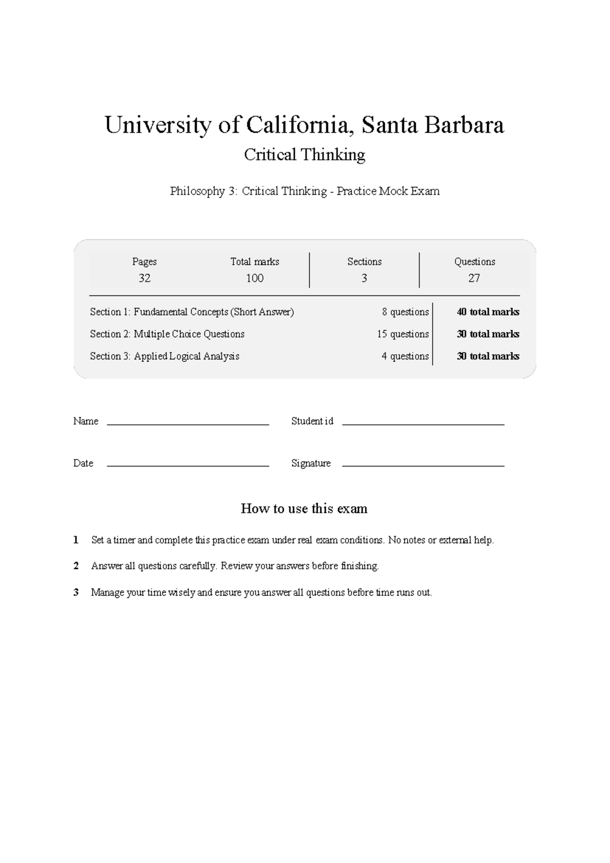 PHIL3 Critical Thinking UC Santa Barbara Mock Exam Practice 2026 - Studocu