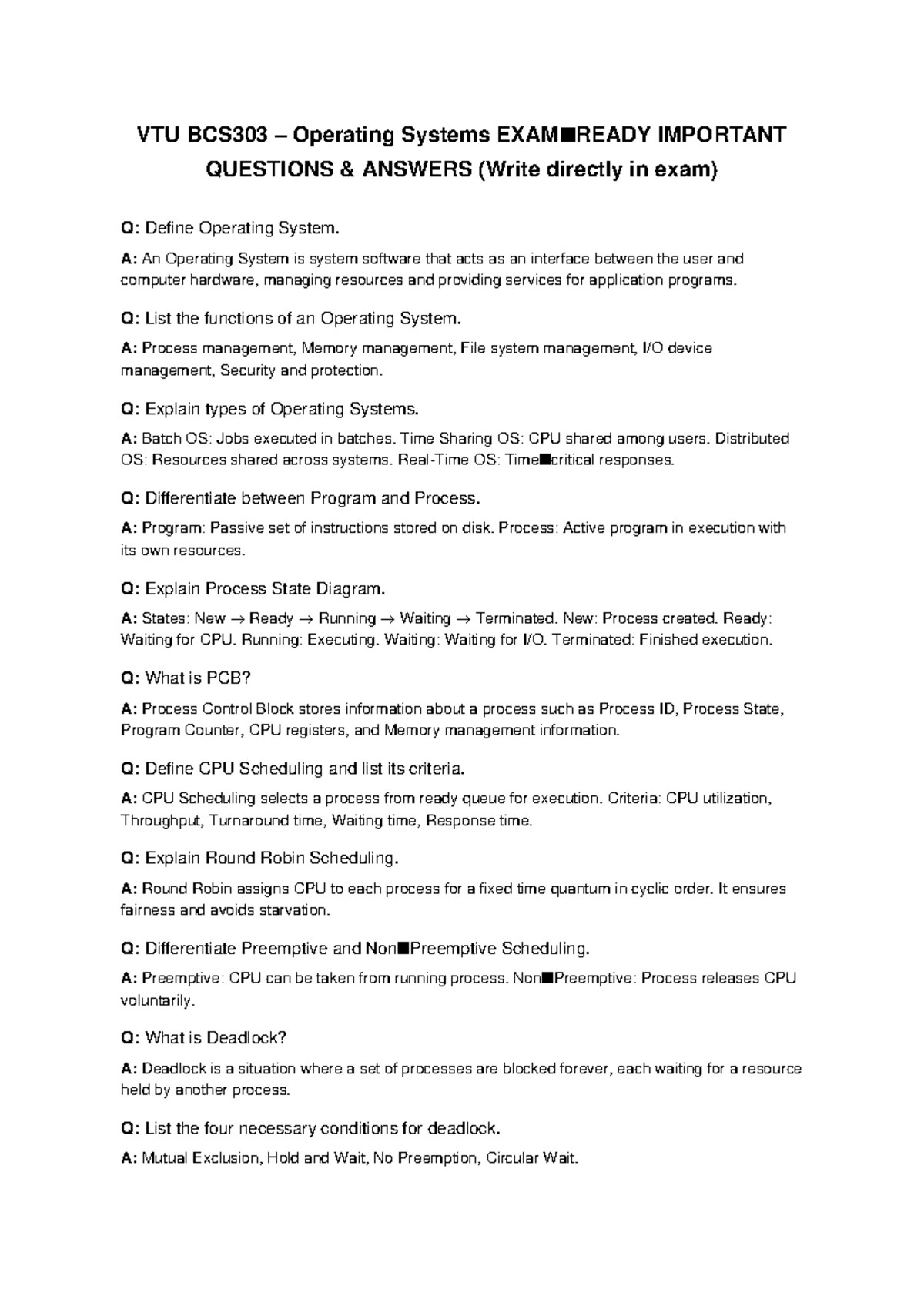 VTU BCS303 Operating Systems Exam Ready Notes: Key Q&A - Studocu