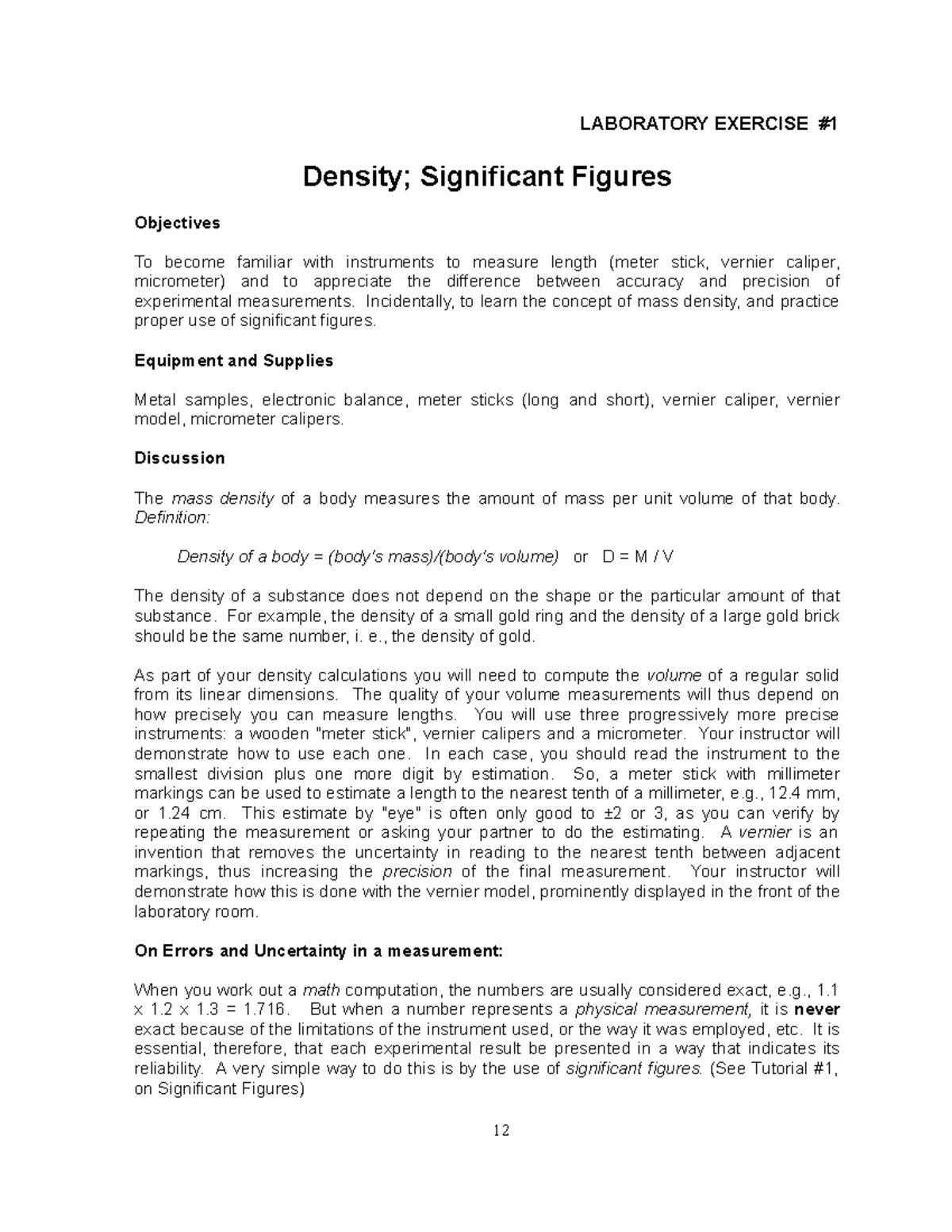 Physics Lab 1: Significant Figures and Density Measurements - Studocu