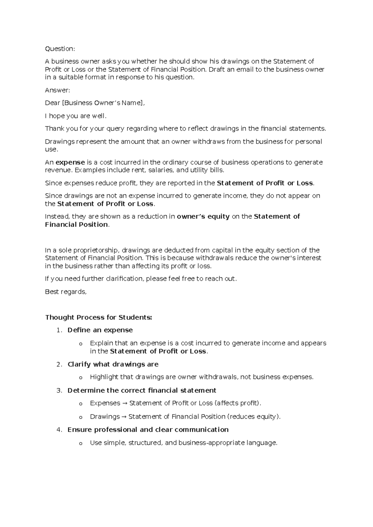 Explanatory Question Example: Financial Statements & Drawings Guidance ...