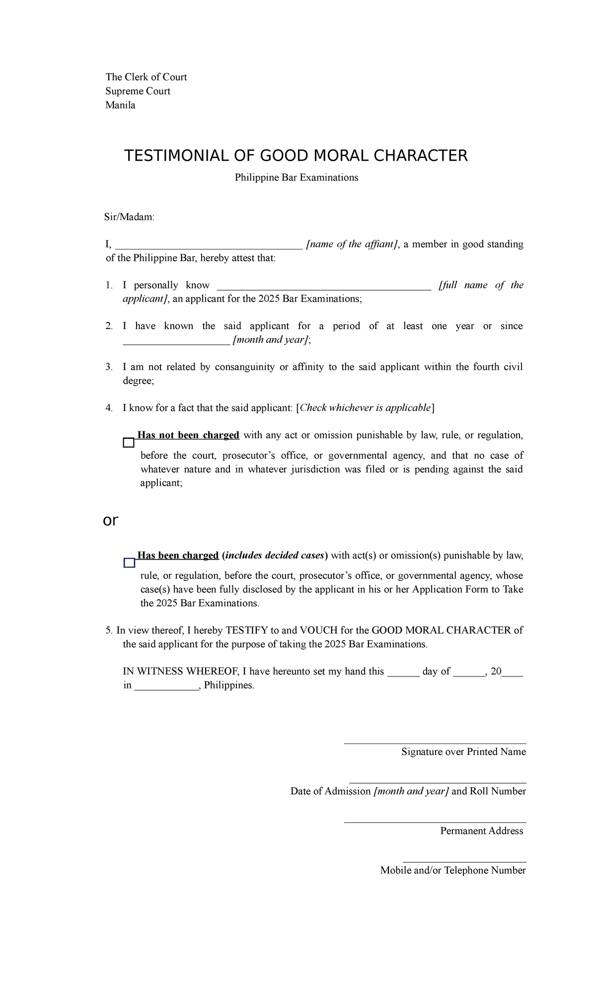 Certificate of Good Moral Character Template for 2025 Bar Exam - Studocu