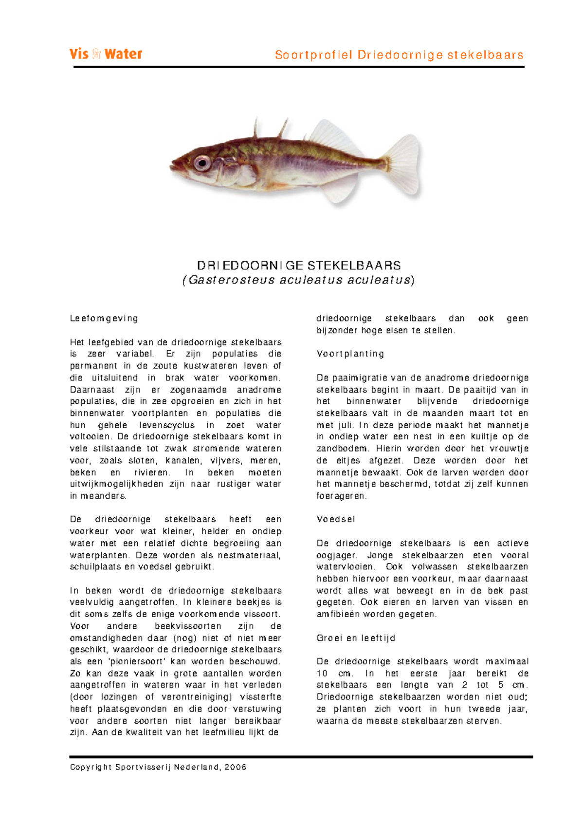 Soortprofiel van de Driedoornige Stekelbaars (Gasterosteus aculeatus ...