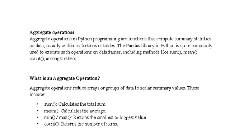 Aggregate Operations in Python: Summary Stats with Pandas - Studocu
