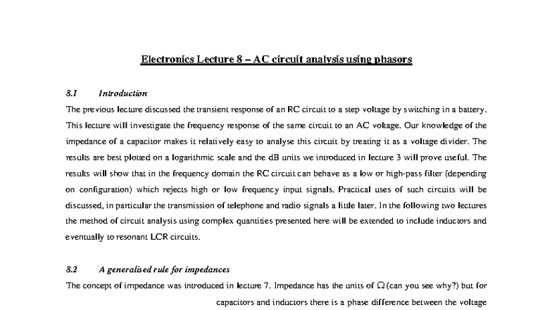 Electronics Lecture 8: AC Circuit Analysis with Phasors - Studocu