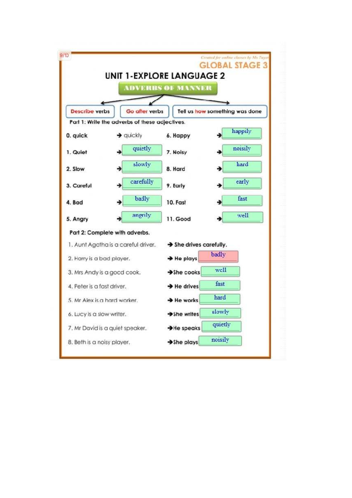 GLOBAL STAGE 3 UNIT 1: ADVERBS OF MANNER EXERCISES - Studocu