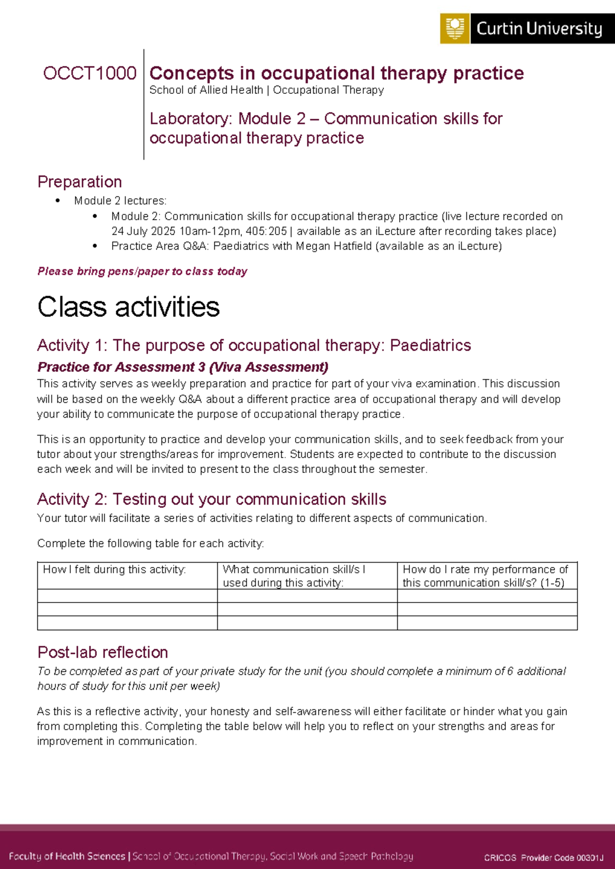Module 2 Lab Notes: Communication Skills in Occupational Therapy - Studocu