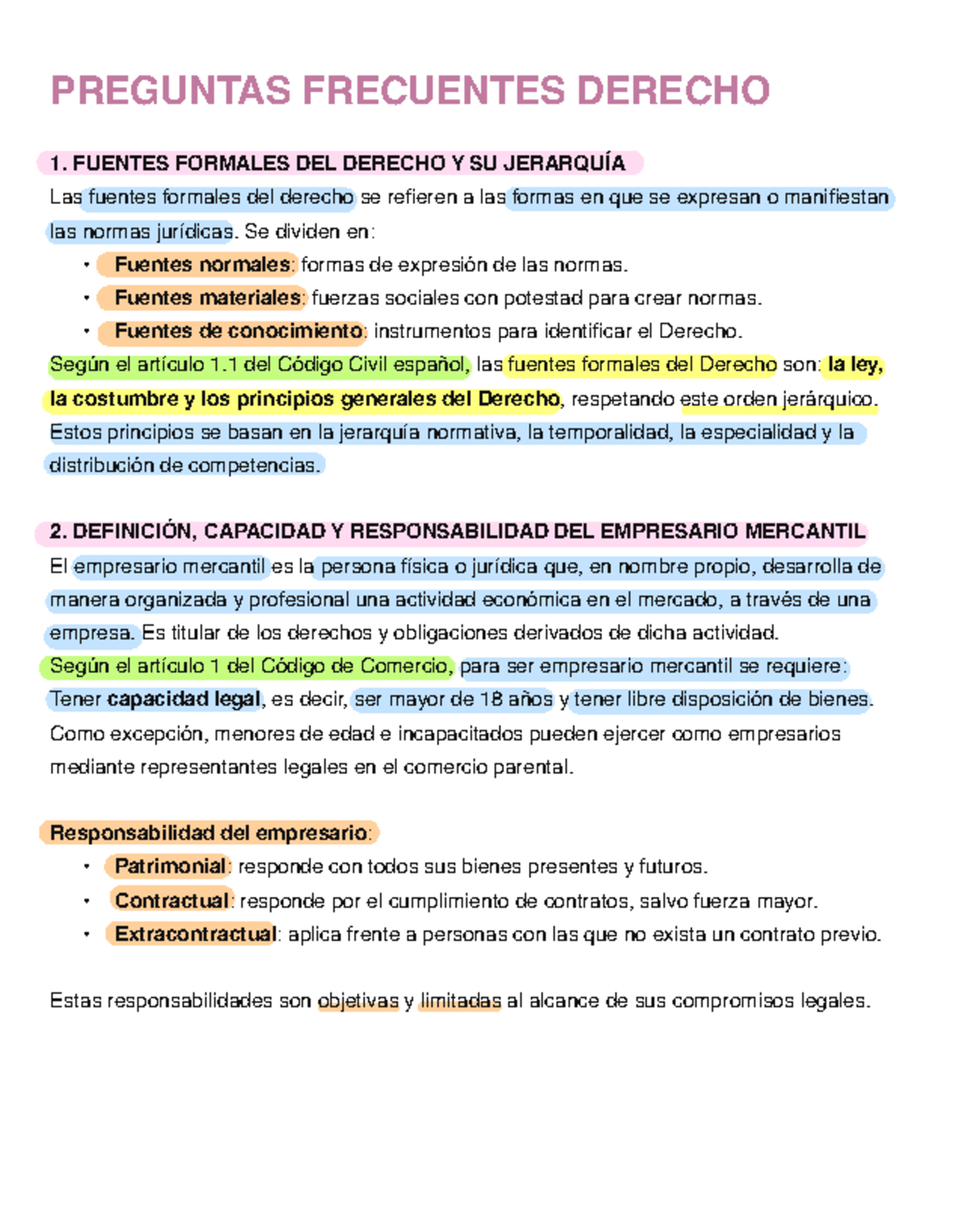 Preguntas Frecuentes sobre Derecho 1: Fuentes y Responsabilidades - Studocu