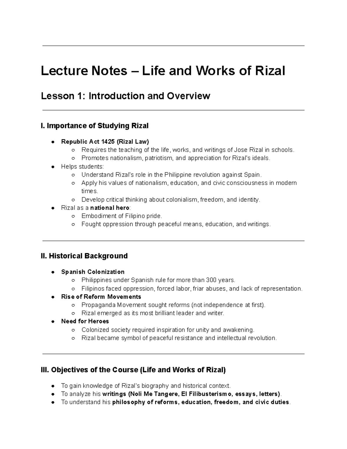 Lecture Notes: Life and Works of Rizal (Lesson 1) - Overview ...