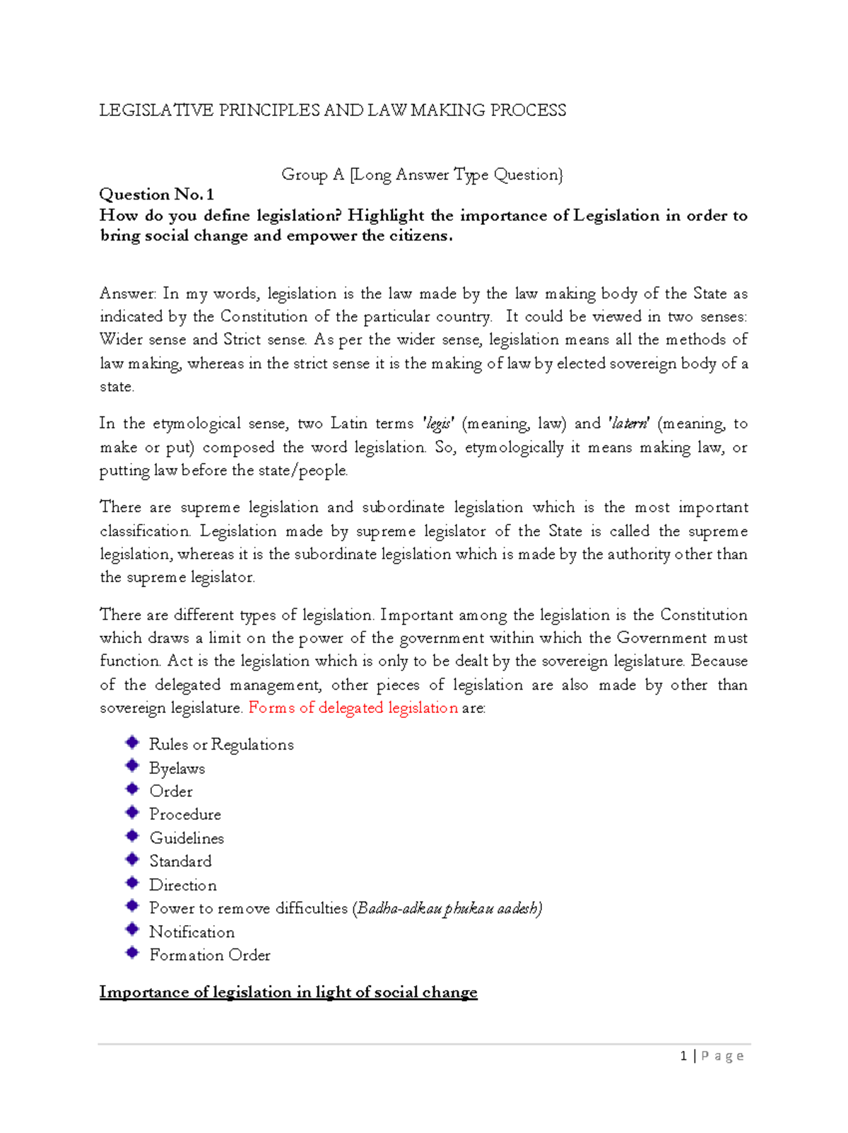 Legislative Principles and Law Making Process (Course Code: LP 101 ...