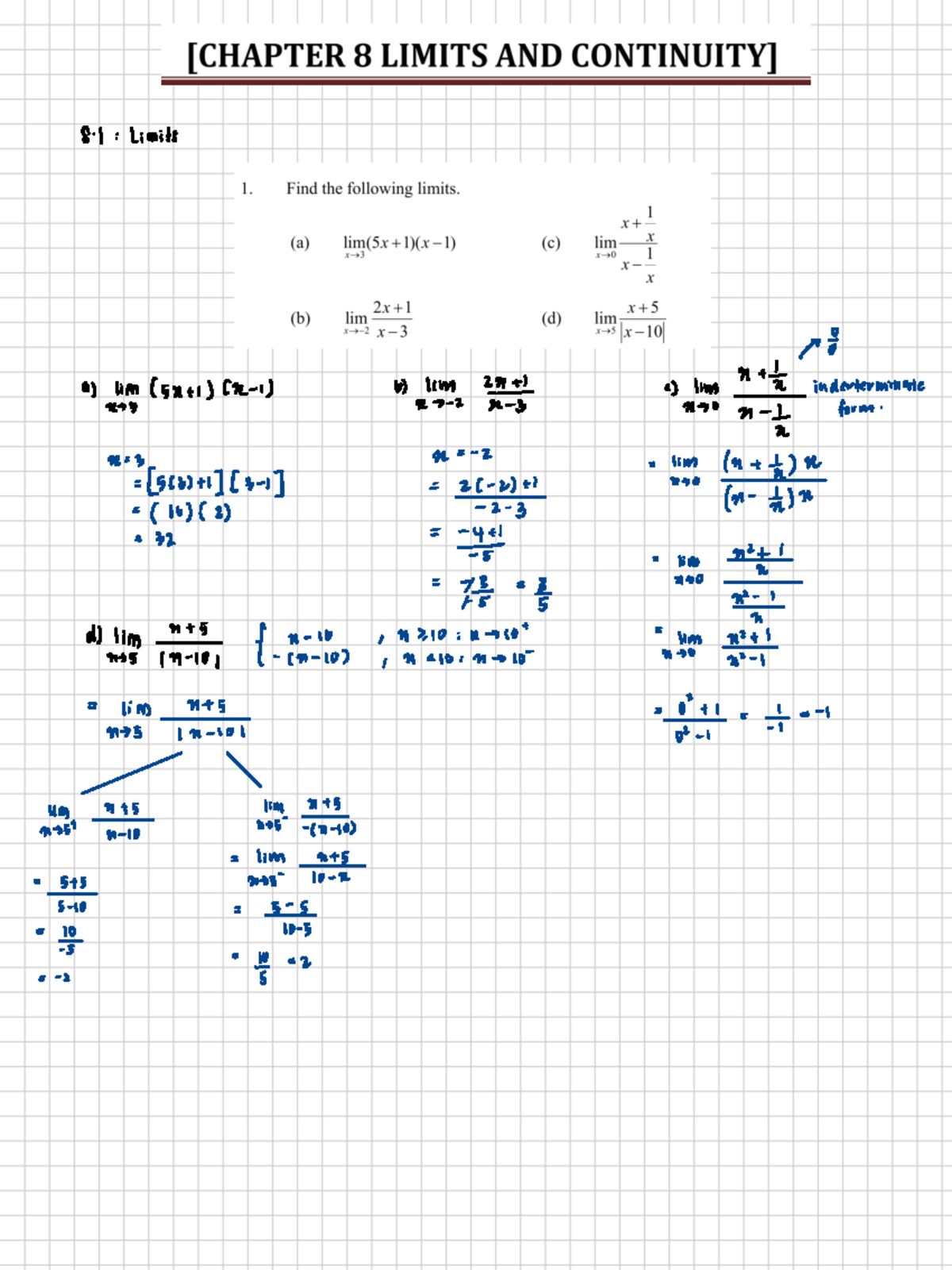 Tutor math chapter 8 - 1 : Limits n + 1 a)Im (5u + 1) Cl b) lim Let C ...