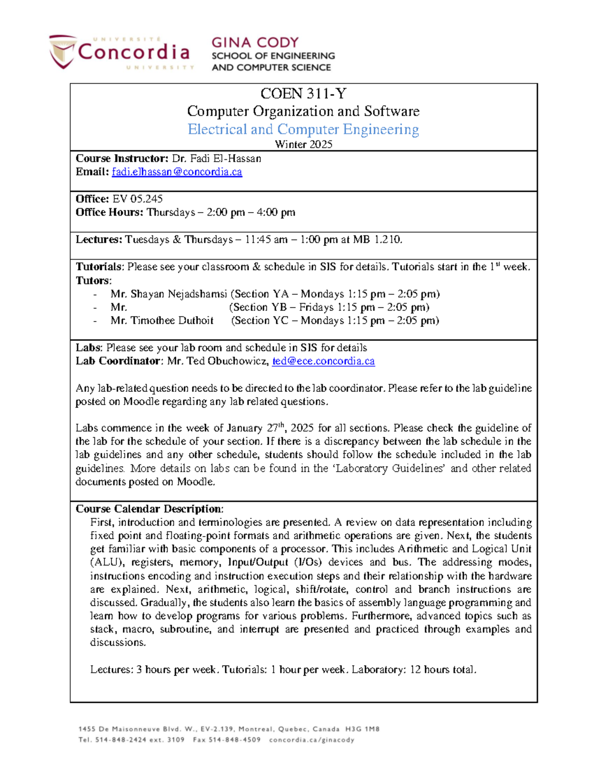 COEN 311 Computer Organization Course Outline - Winter 2025 - Studocu