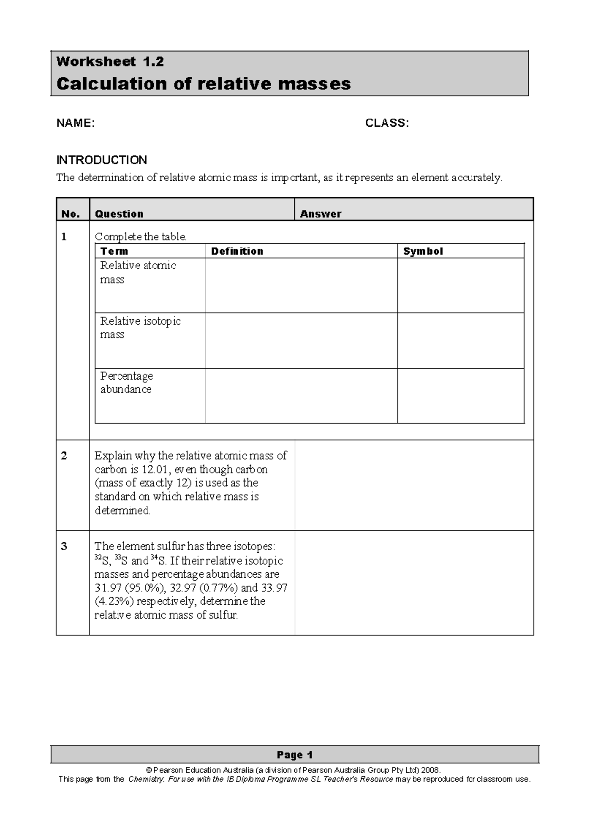CSL Worksheet 1.2: Calculation of Relative Atomic Masses and Isotopes ...