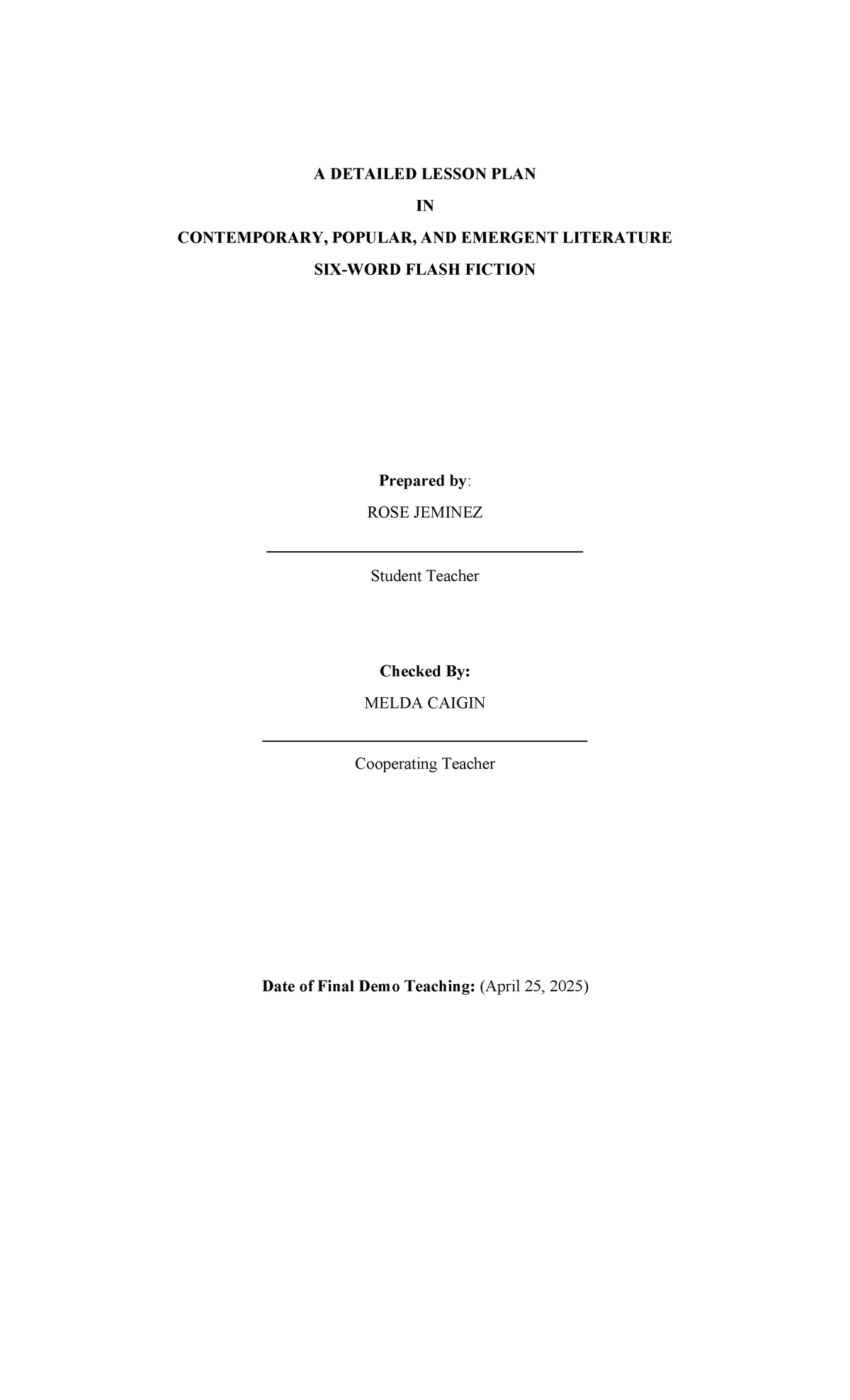 Six-Word Flash Fiction Lesson Plan (EDU 101) - Studocu