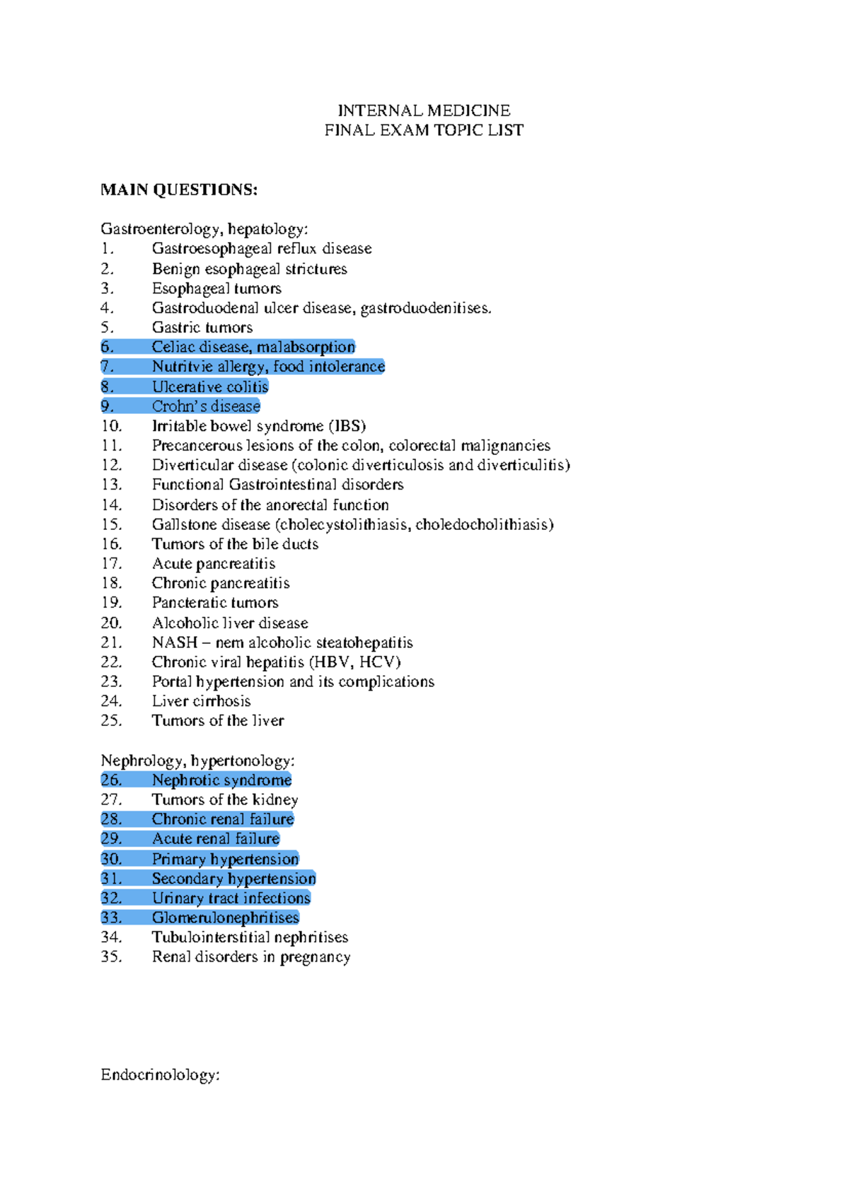 INTERNAL MEDICINE FINAL EXAM TOPIC LIST: Key Questions & Concepts - Studocu