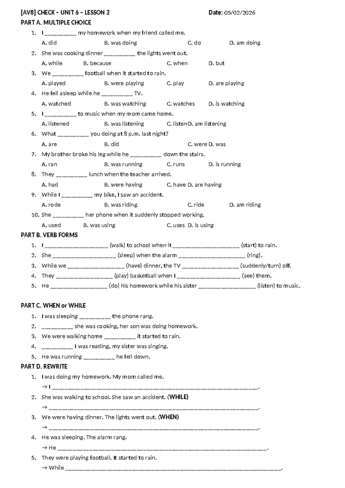AV8 Unit 6 Lesson 2: Multiple Choice & Verb Forms Practice - Studocu