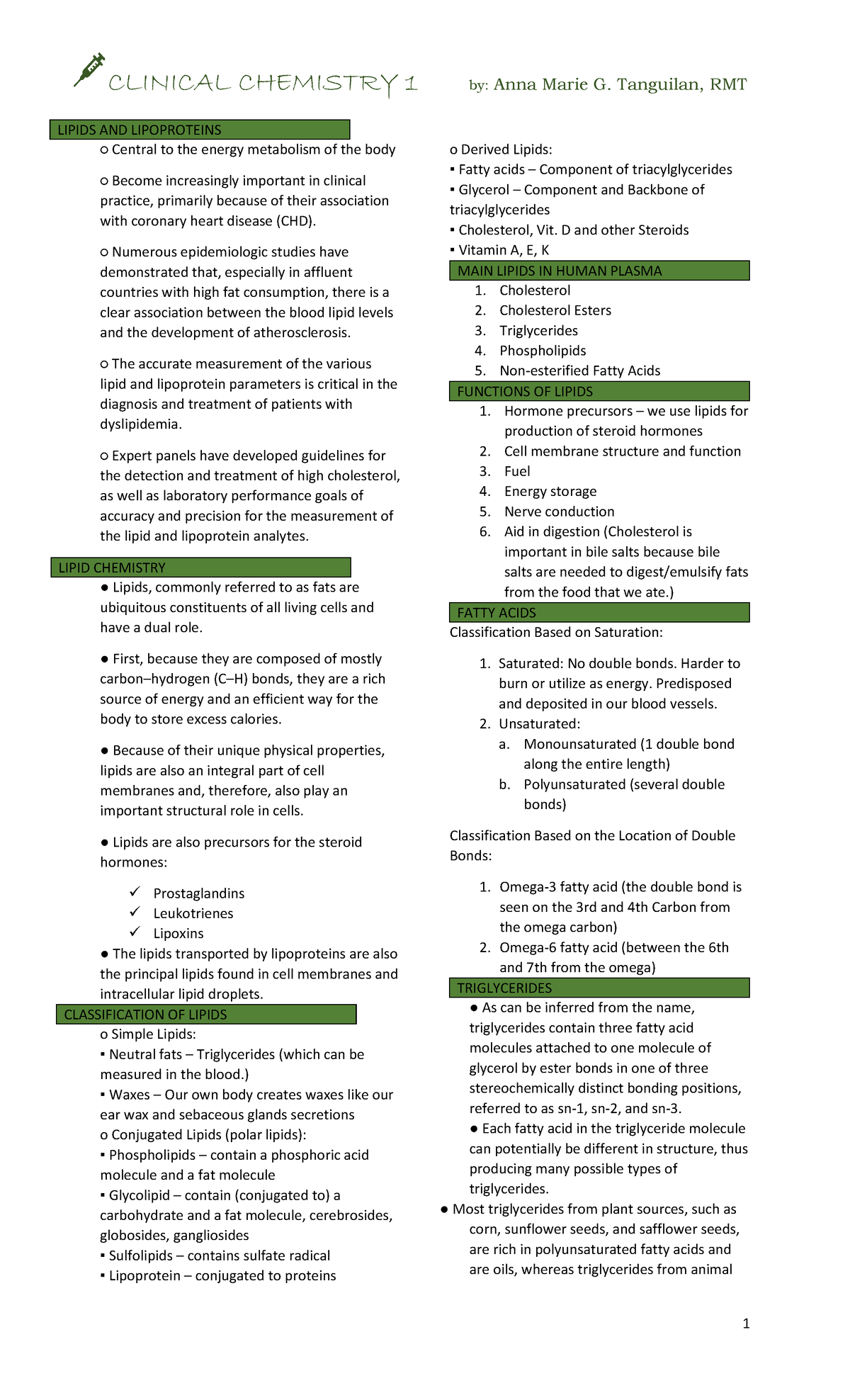 CLINICAL CHEMISTRY 1: LIPIDS AND LIPOPROTEINS OVERVIEW - Studocu